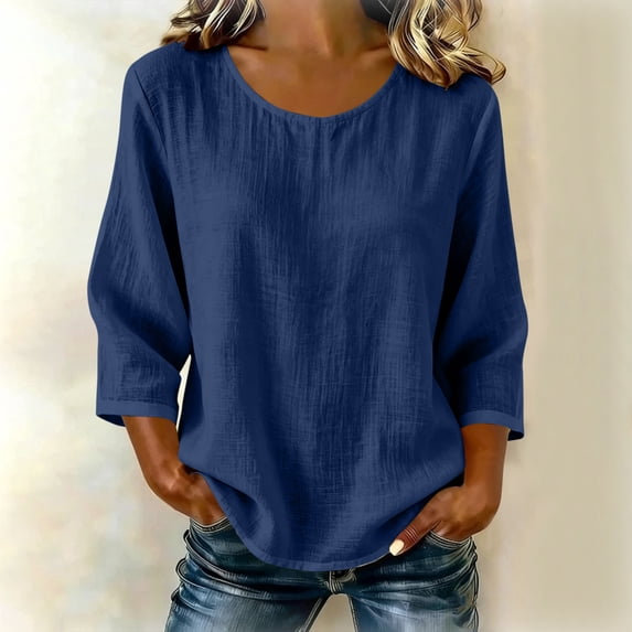 Craaazy Plus Size Womens 3/4 Sleeve Tops Crew Neck Solid Color Loose ...