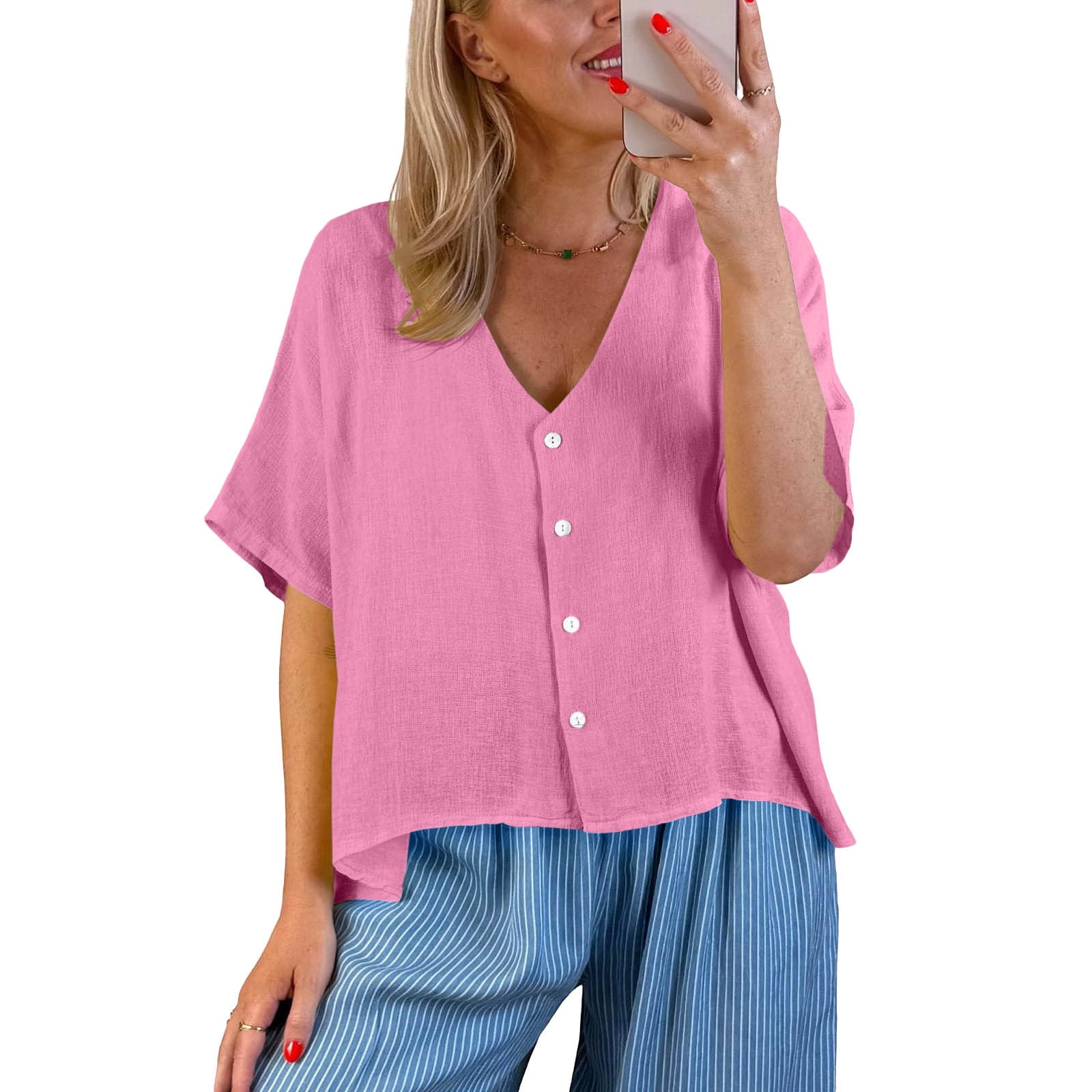 Craaazy Short Sleeve Button Down Shirts for Women V Neck Solid Color ...