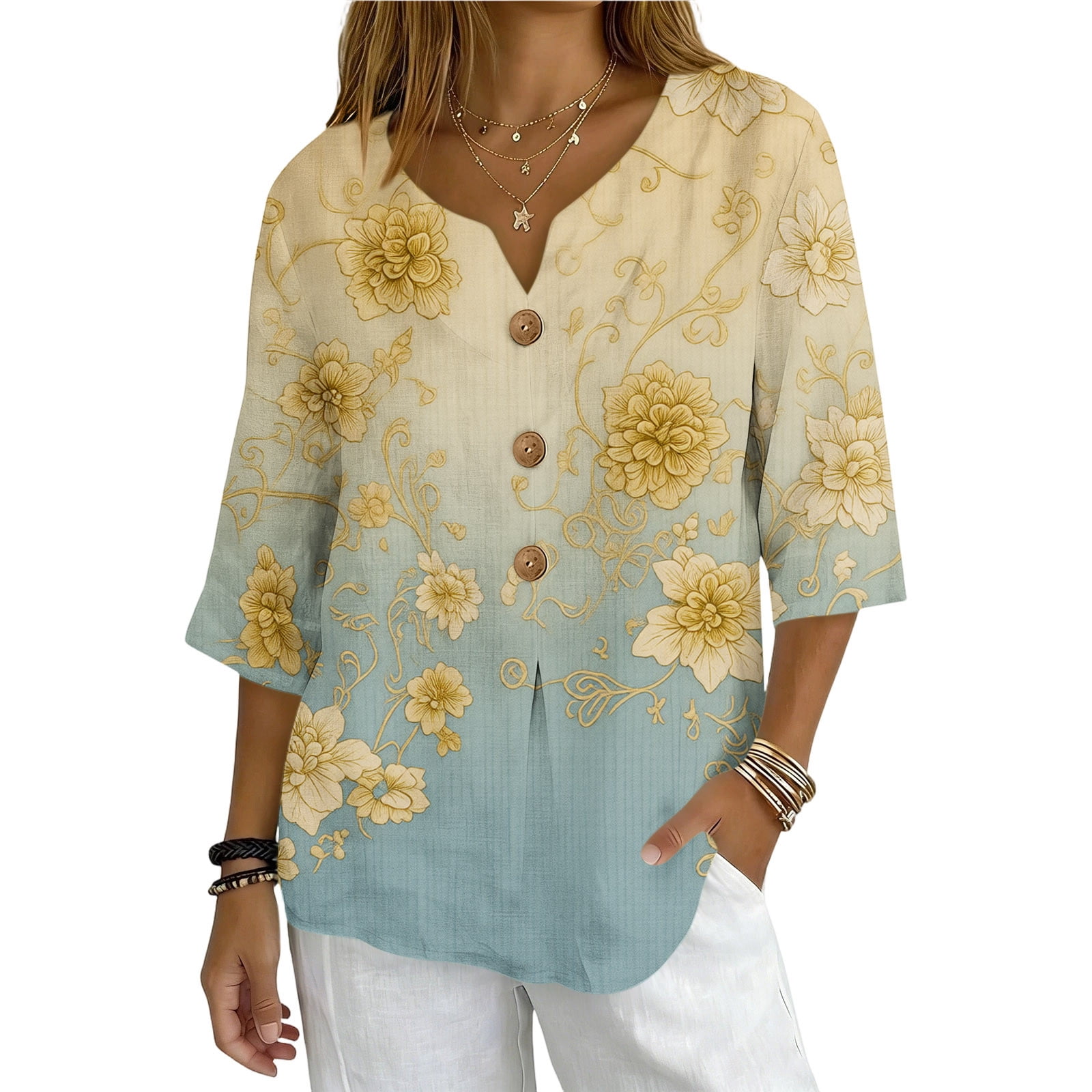 Craaazy Short Sleeve Button Down Shirts for Women V-neck Loose Cotton ...