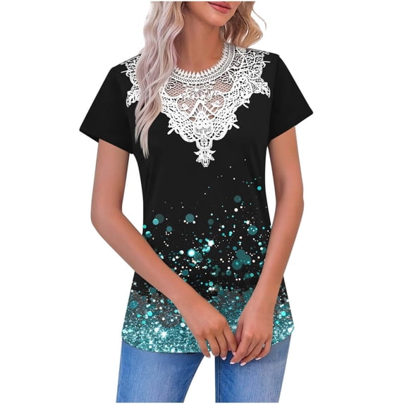 Craaazy Short Sleeve Sweatshirts for Women Lace Trim Crewneck Floral ...