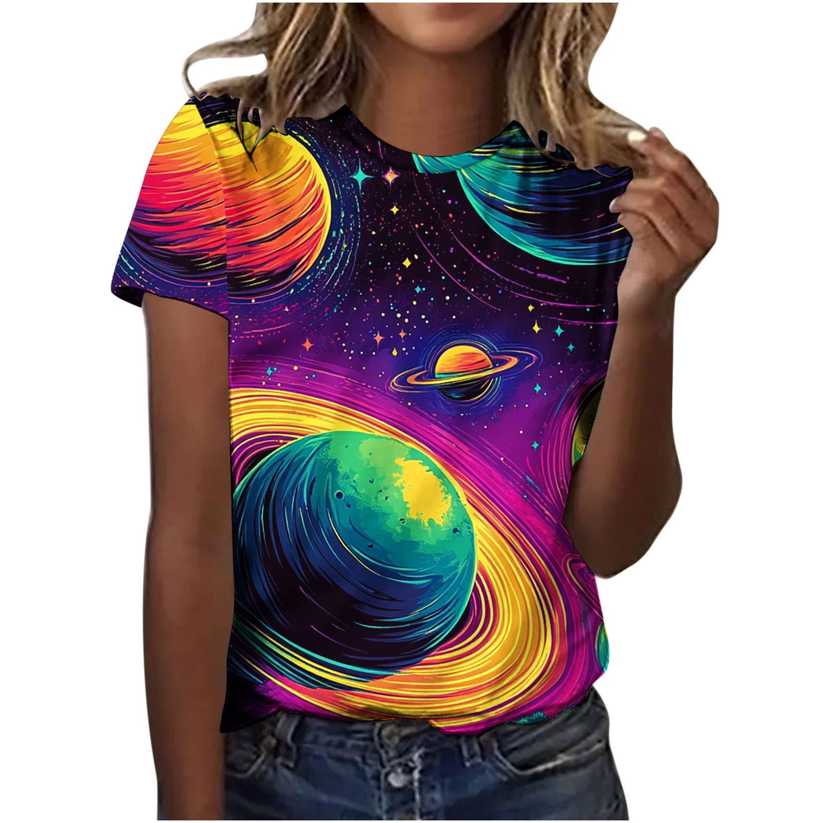 Craaazy Short Sleeve Sweatshirts for Women Loose Fit Colorful Universe ...
