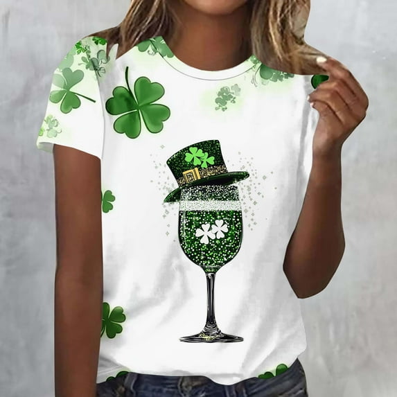 Craaazy Short Sleeve T-Shirts for Women Shamrock Printed Crewneck Tops ...