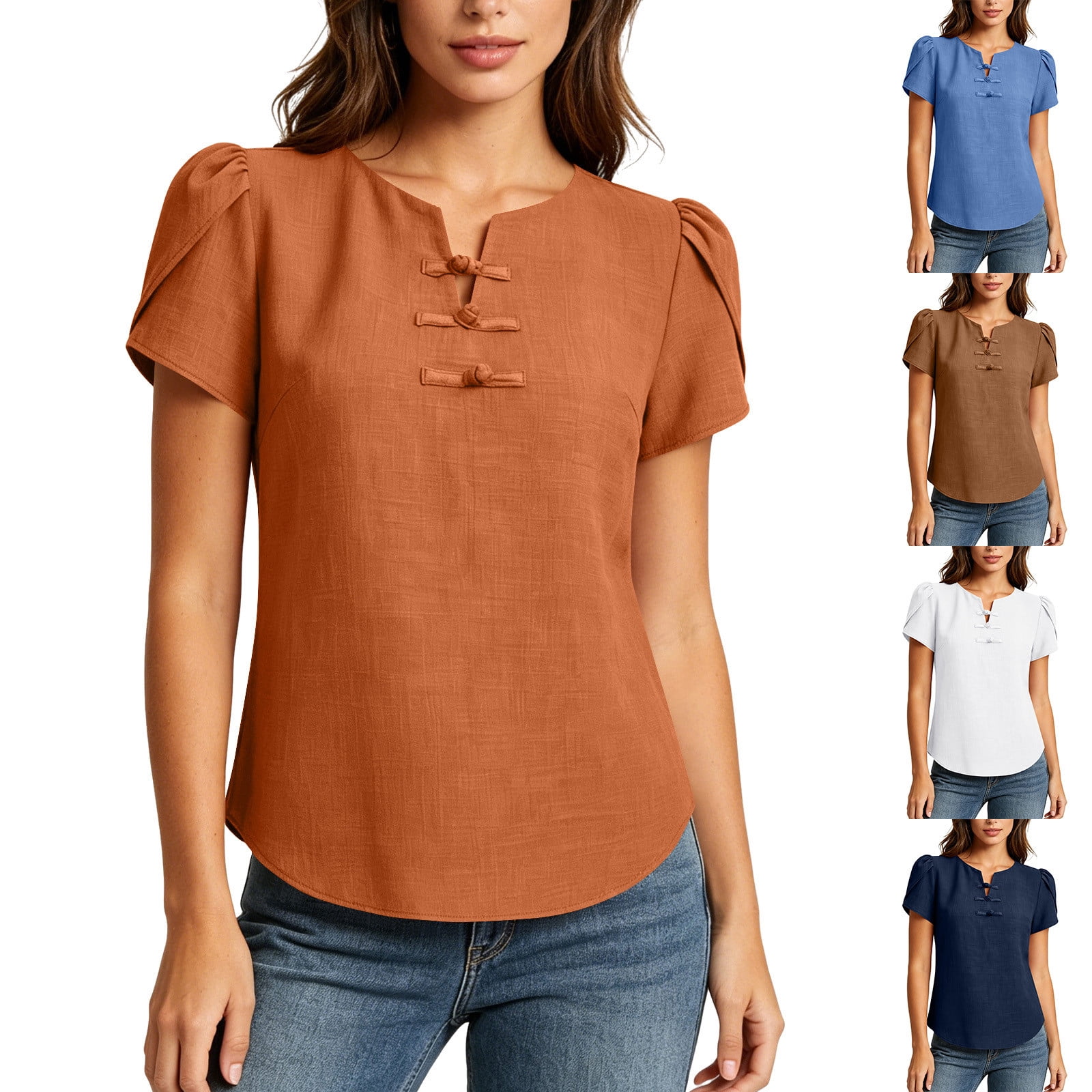 Craaazy Short Sleeve Tops for Women Relaxed Fit Solid Color Notch V ...