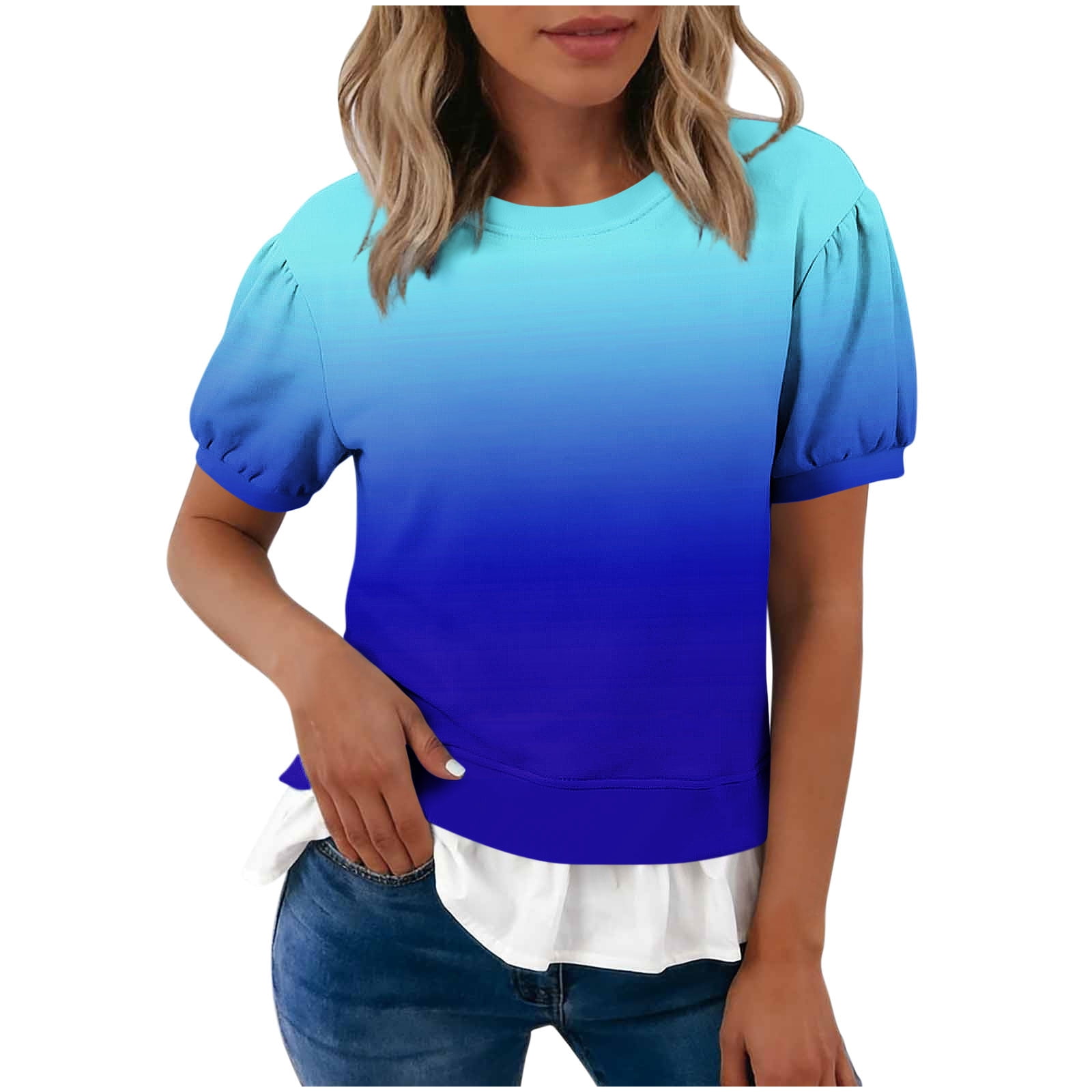 Craaazy Short Sleeve Tops for Women Round Neck Gradient Color Puff ...