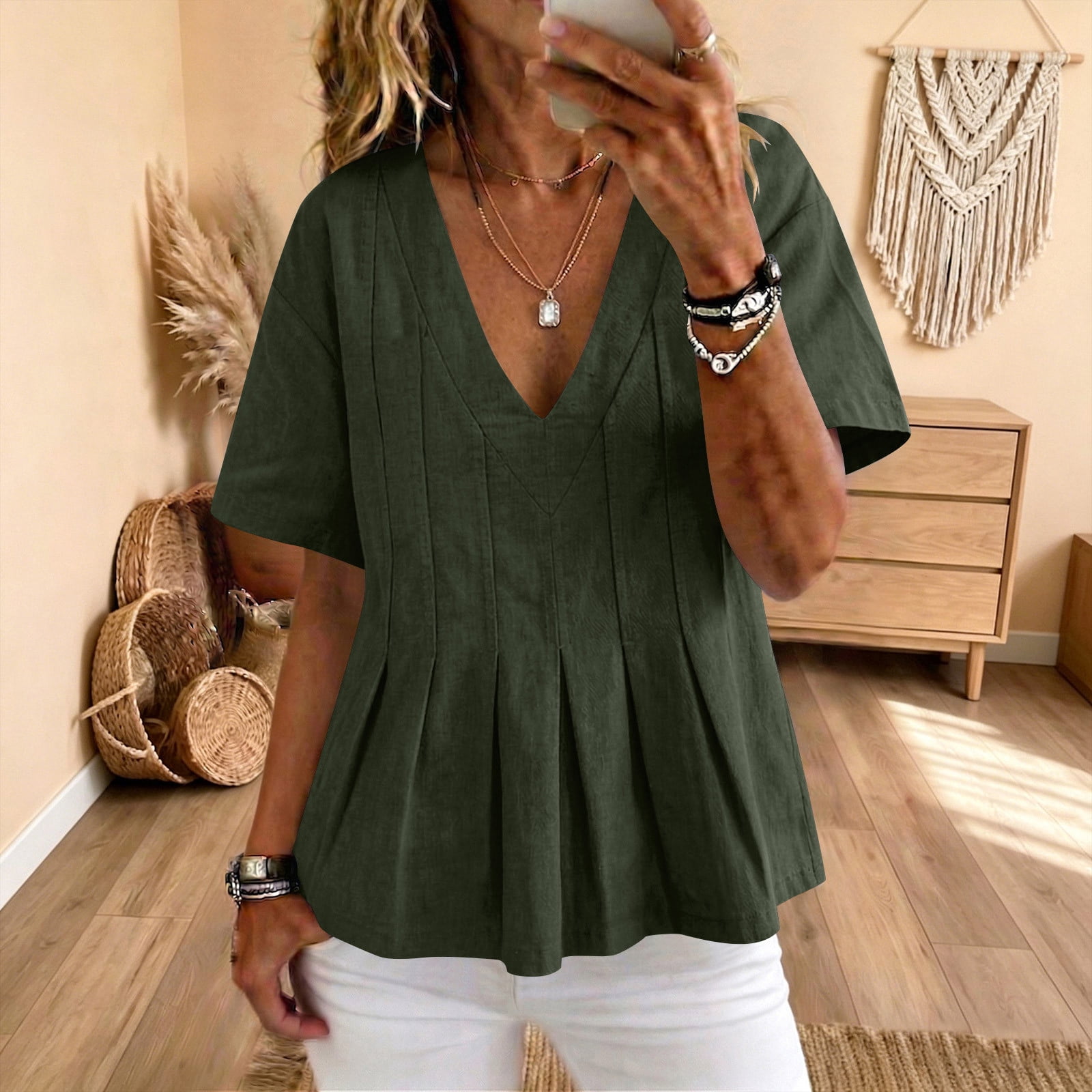Craaazy Short Sleeve Tops for Women Solid Color V Neck Pleated ...