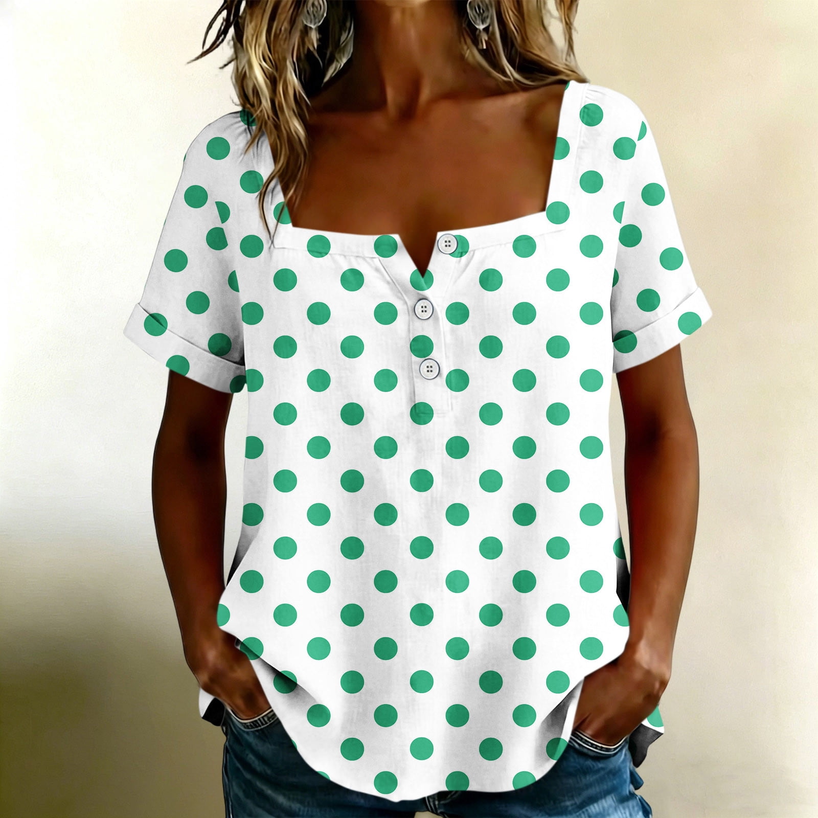 Craaazy Short Sleeve Women's Tops Button up Casual Polka Dot Print ...