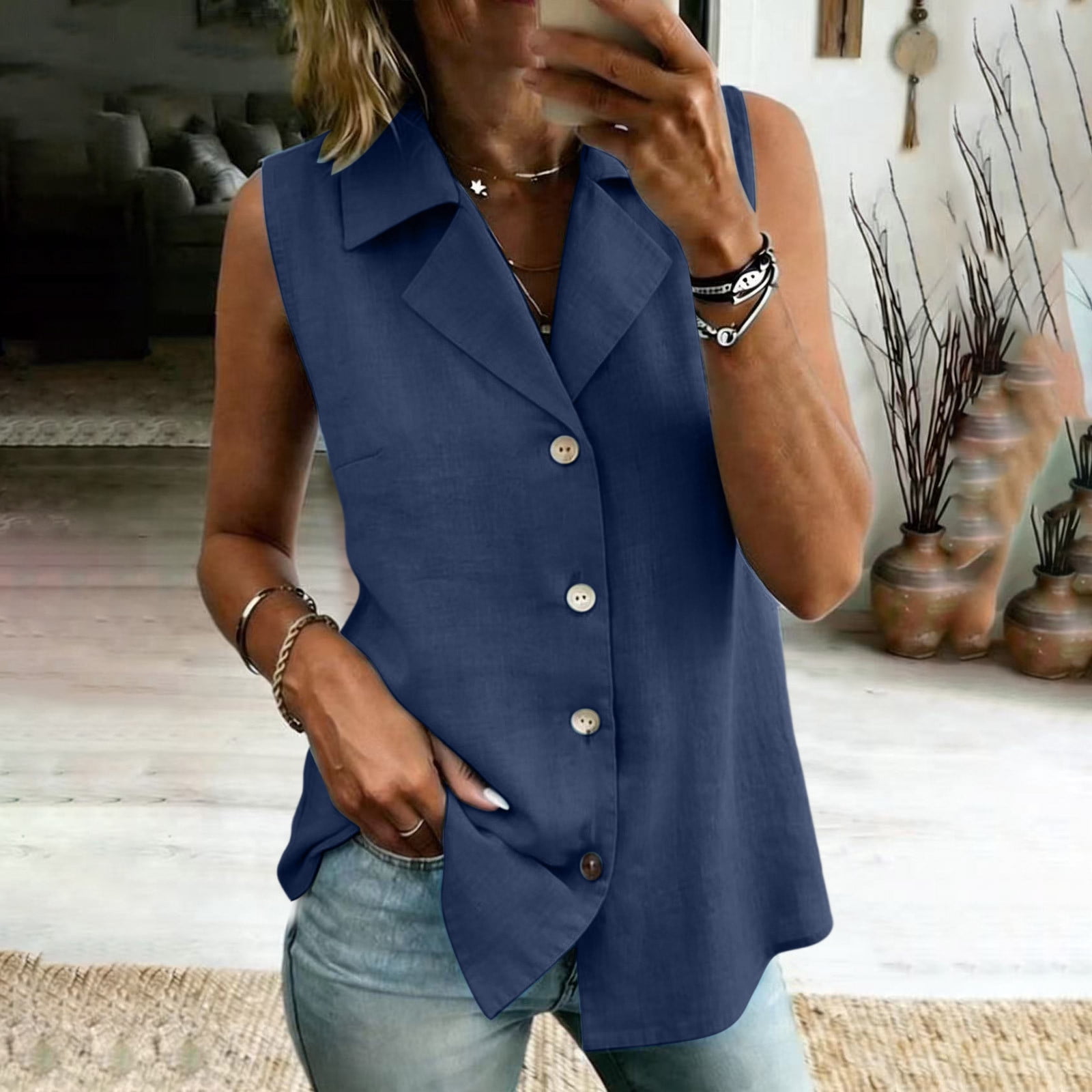 Craaazy Sleeveless Blouses for Women Button Down Shirts Solid Color ...