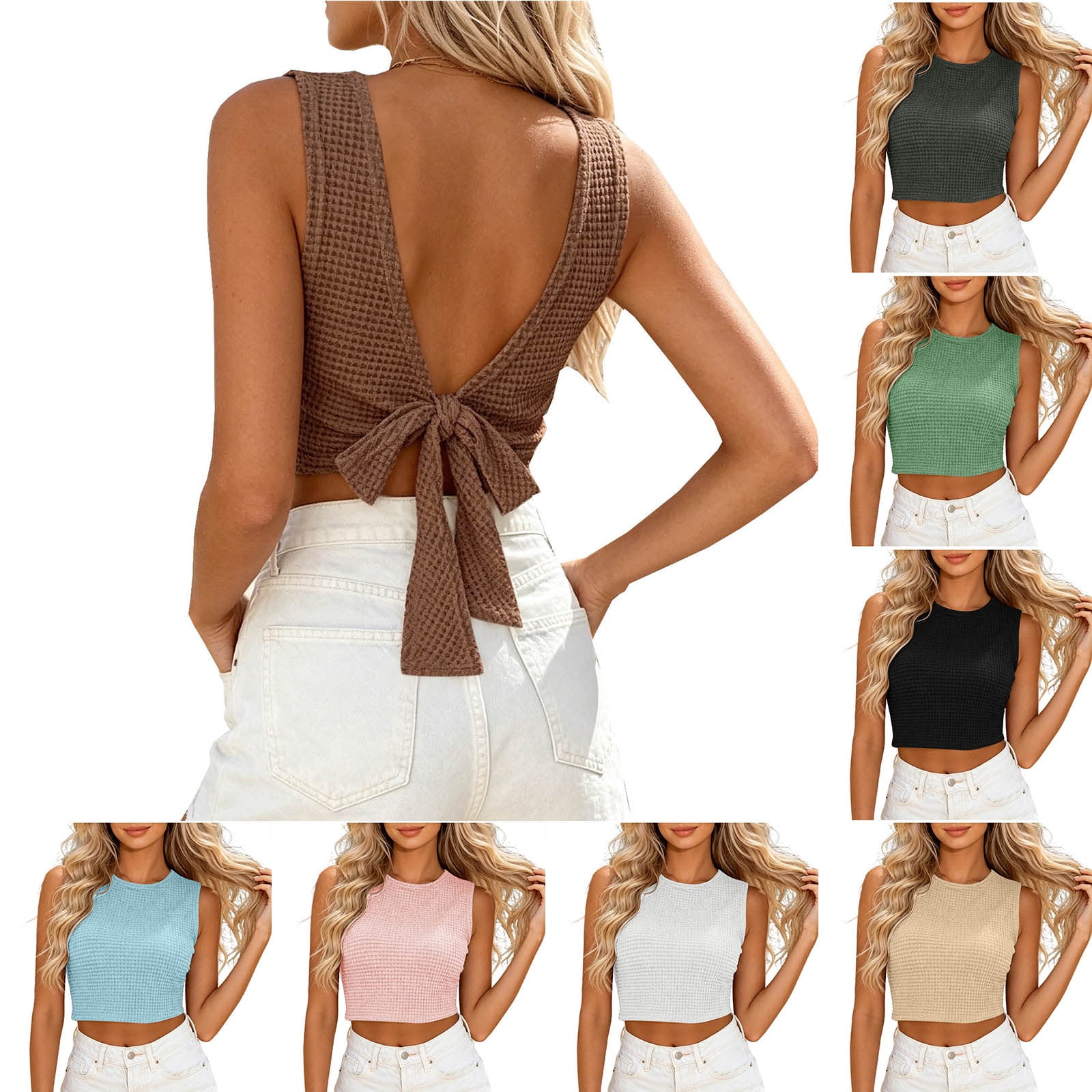 Craaazy Sleeveless Tops for Women Cropped Fit Solid Color Round Neck ...