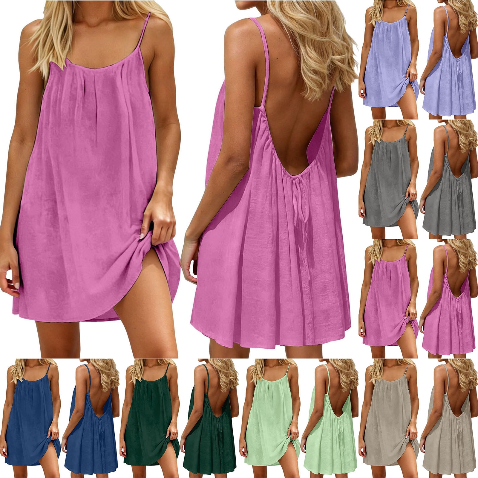 Craaazy Summer Dresses for Women Casual Loose Fit Solid Color Spaghetti ...