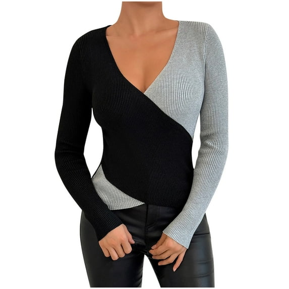 Craaazy Sweaters For Women Color Block Deep V Neck Knitted Pullover ...