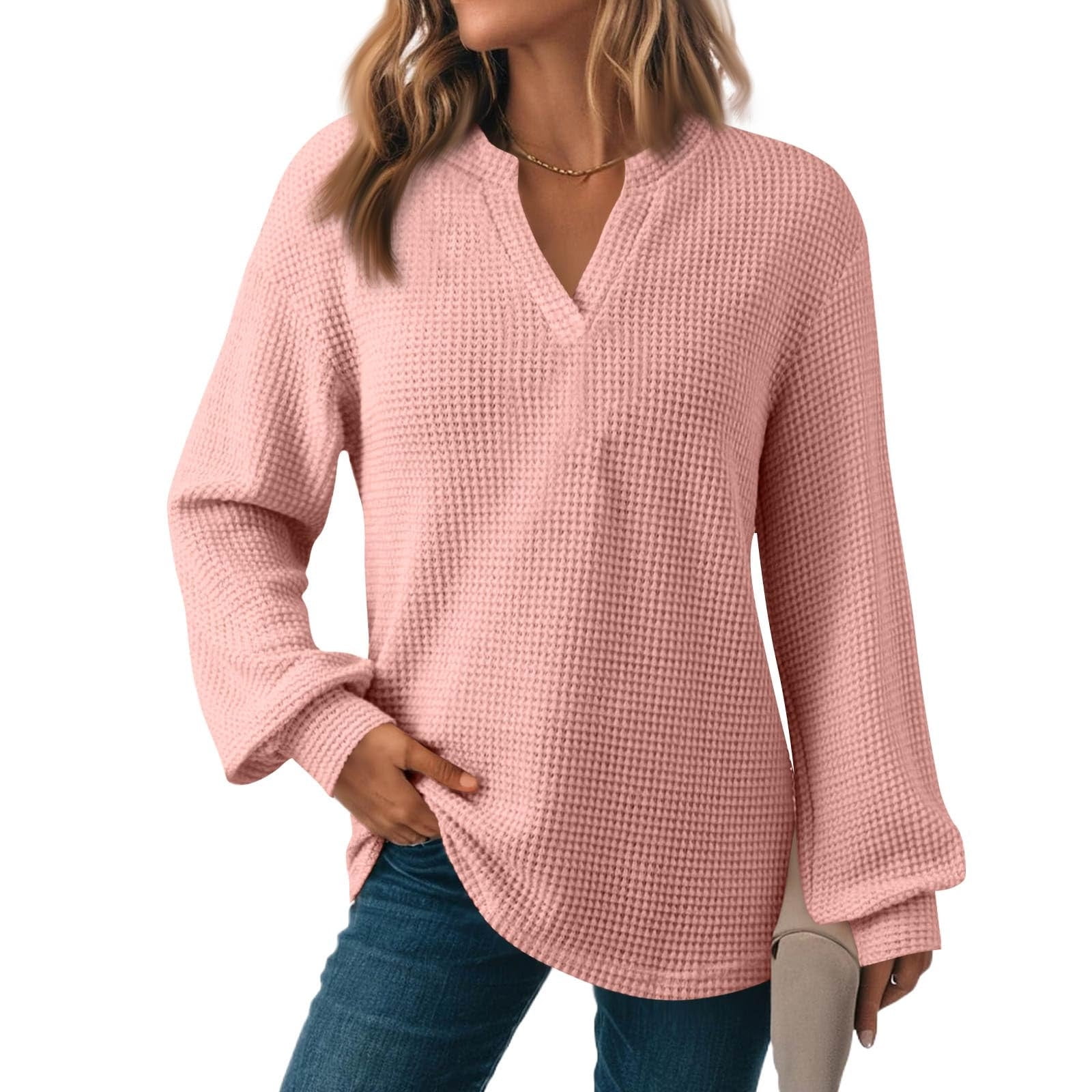 Craaazy Sweatshirt For Women V-Neck Long Sleeve Solid Waffle Knit Tops ...
