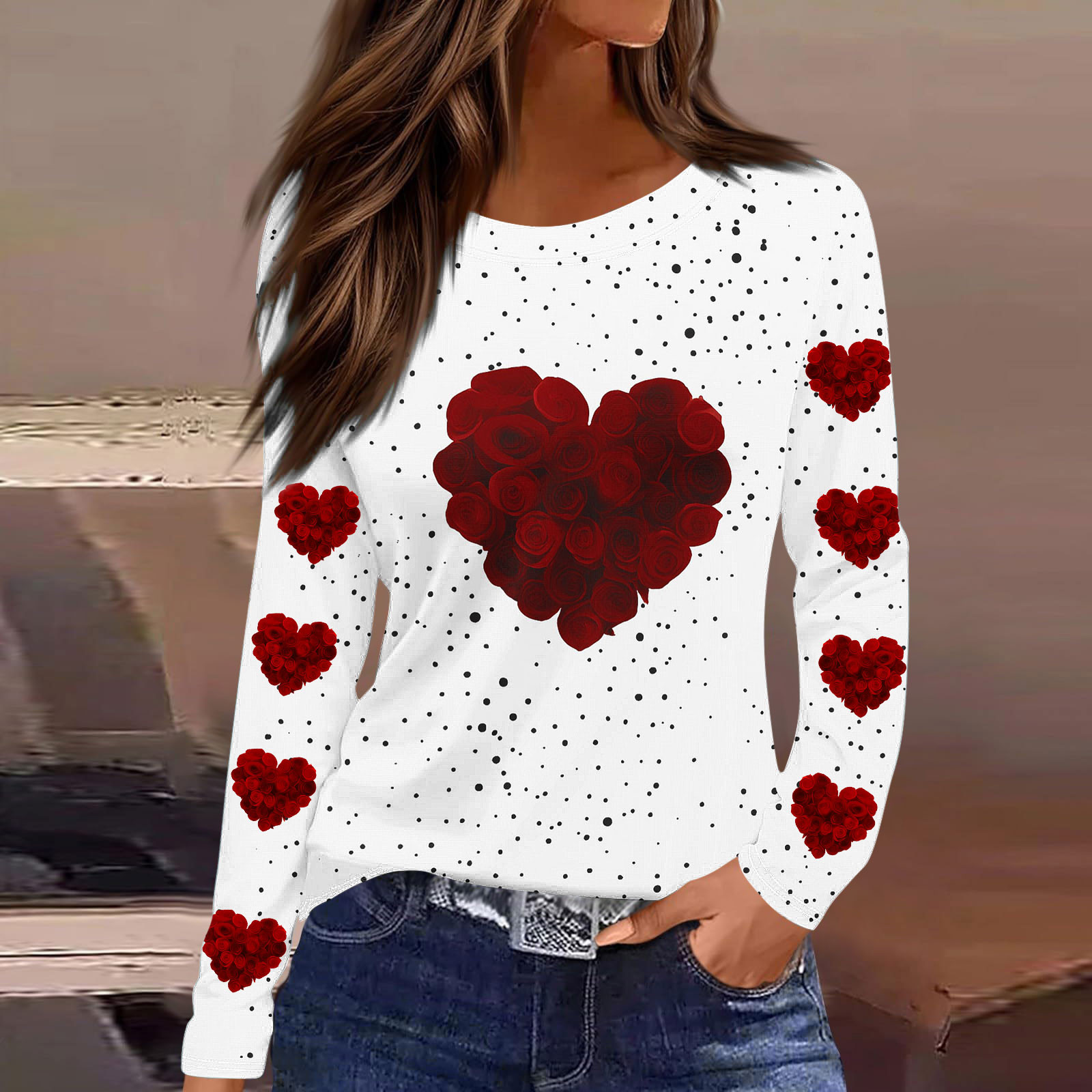 Craaazy Valentine T-Shirts for Women Casual Long Sleeve Heart Printed ...