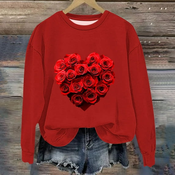 Craaazy Valentines Day Long Sleeve Shirts for Women Heart Prints Loose ...