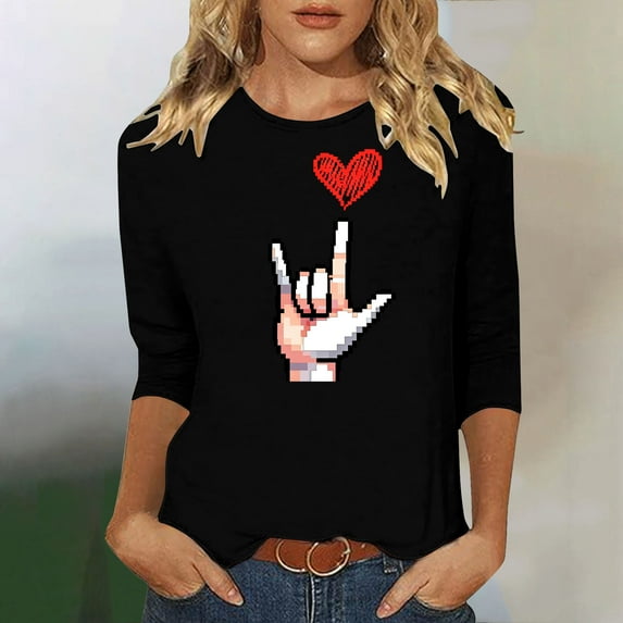 Craaazy Valentines Day Sweatshirts for Women Love Print 3/4 Sleeve Shirts Crewneck Loose Fit ...
