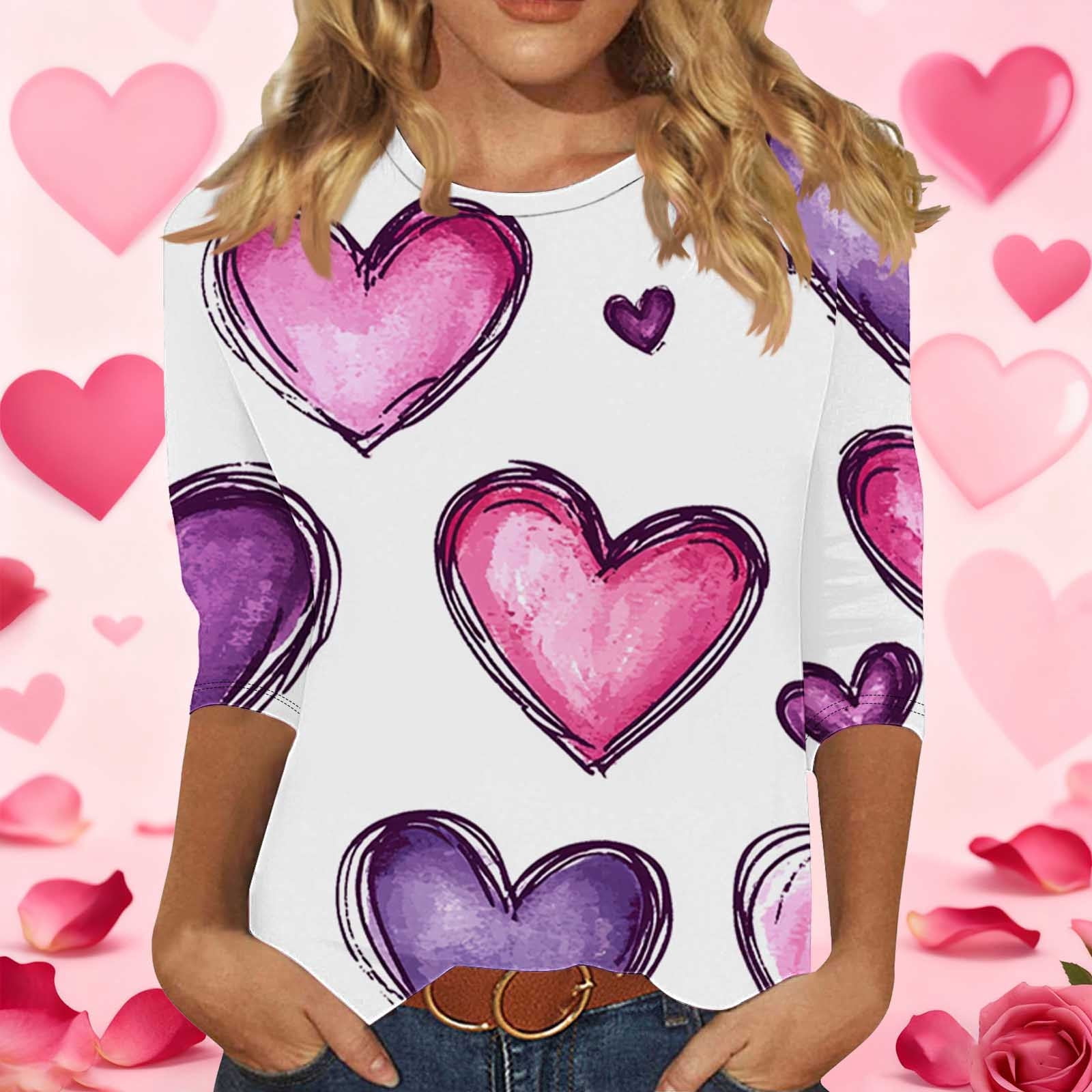Craaazy Valentines Day Women's Love Heart Print Shirts Crew Neck 3/4 ...
