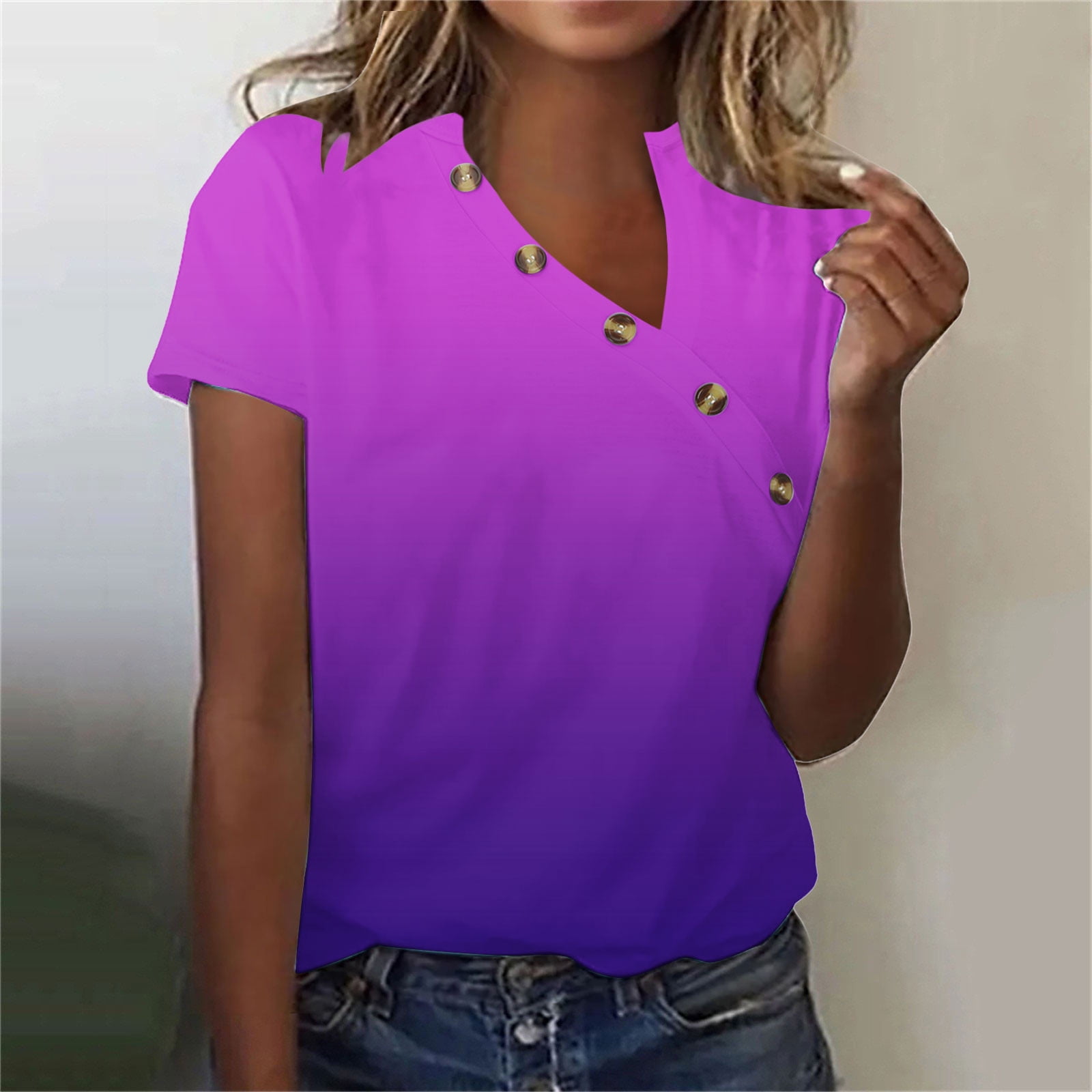 Craaazy Women Button Tops Elegant Short Sleeve Loose Fit T shirt Blouse ...