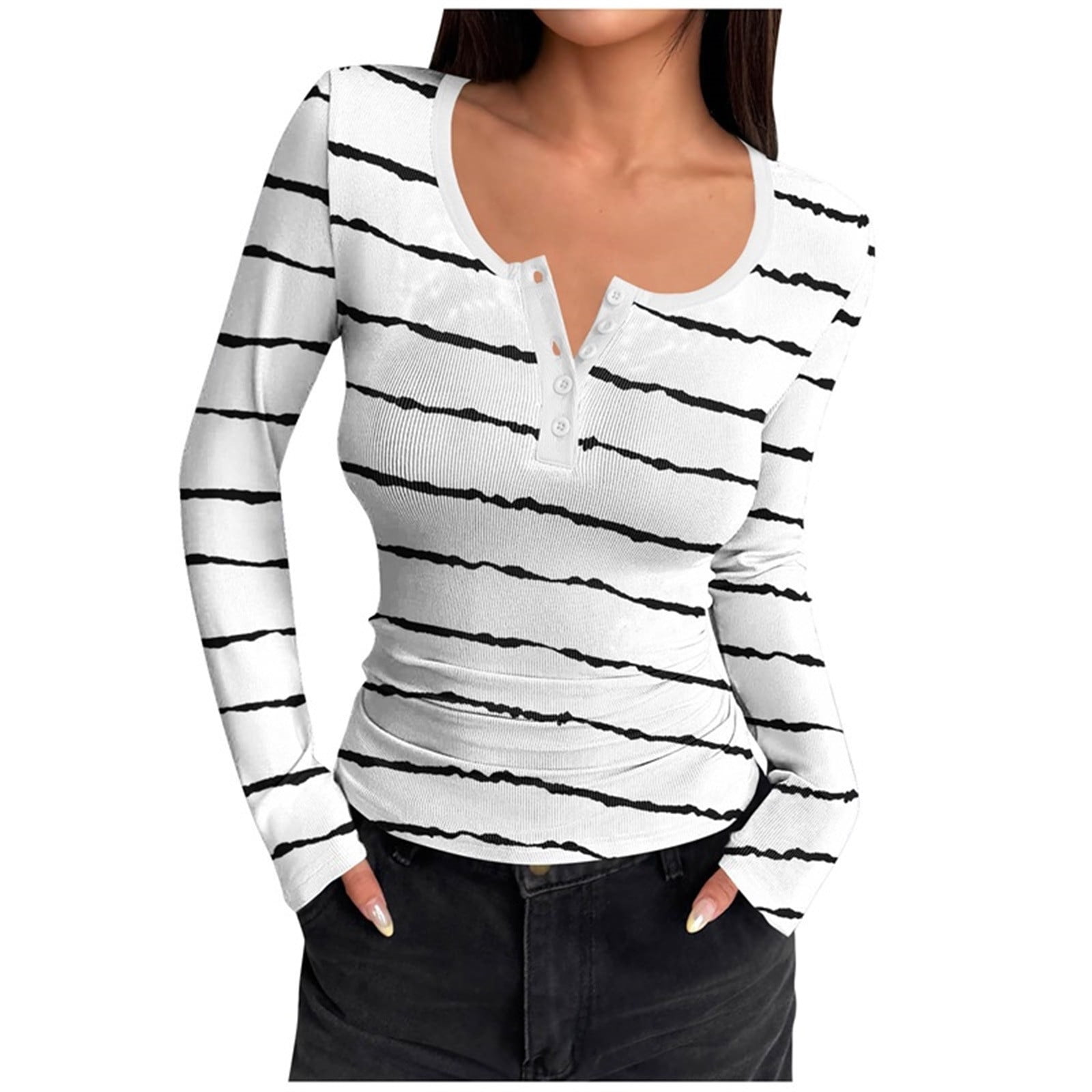 Craaazy Women Tops Long Sleeve Striped Tops V-Neck Button Blouse Square ...