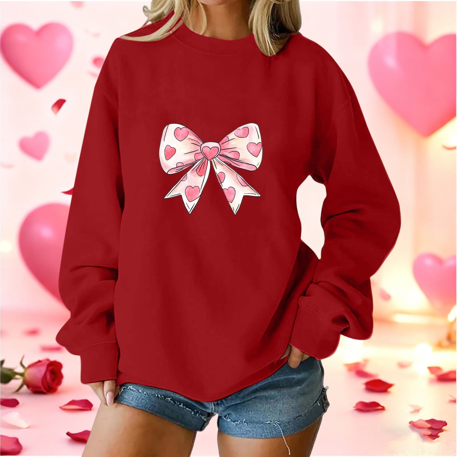 Craaazy Women's Bow Graphic Valentines Tops Loose Long Sleeve Shirts ...
