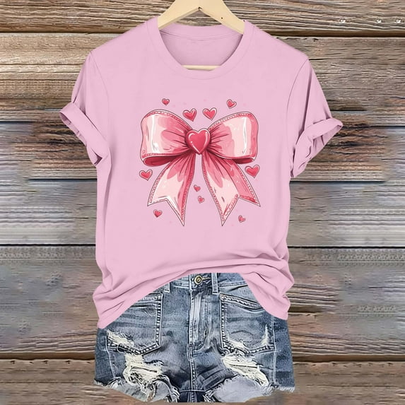 Craaazy Women's Bow Prints Fashion Round Neck Short Sleeved T-shirts ...