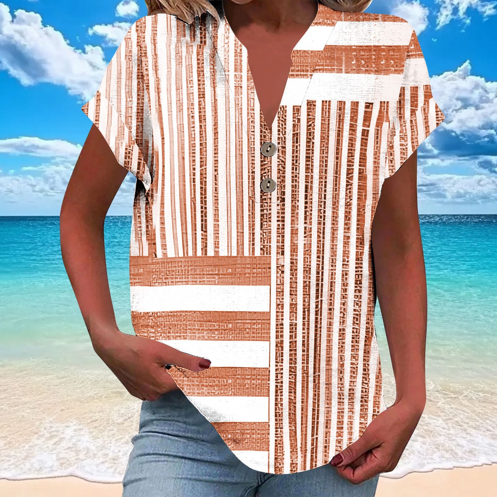 Craaazy Women's Button Down Shirts Short Sleeve Casual Tshirts Loose Collared V Neck Blouses ...