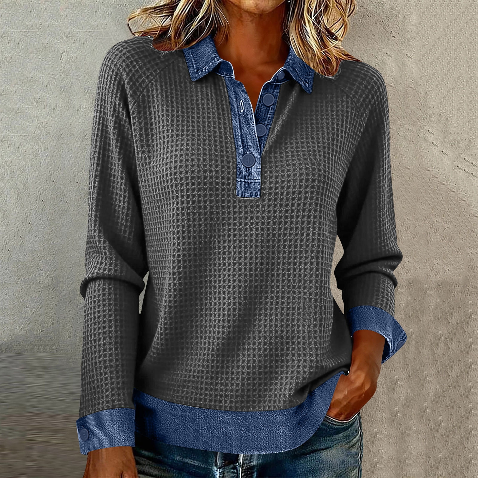 Craaazy Women's Button Lapel Denim Patchwork Long Sleeve Pullover Tops ...