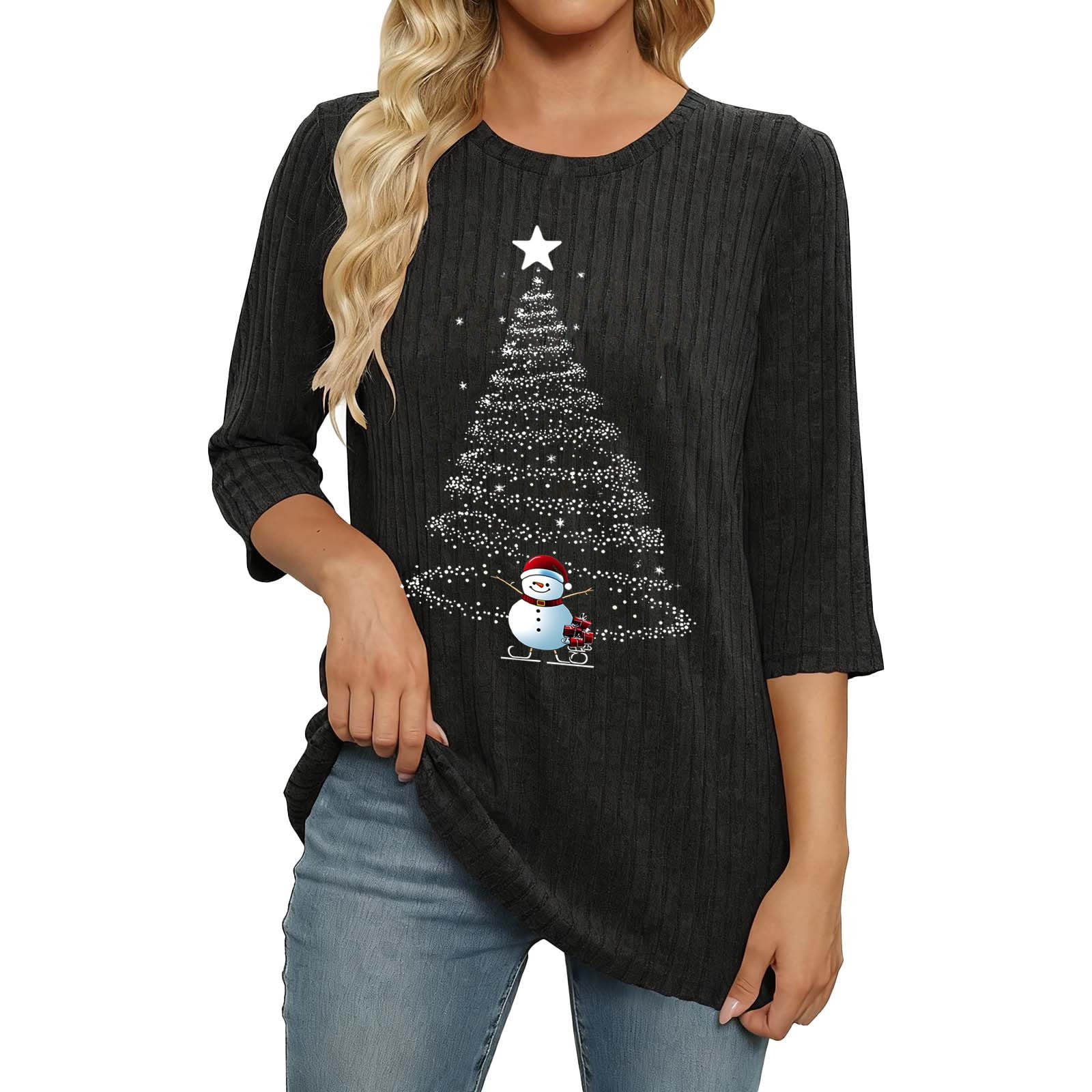 Craaazy Women's Casual Christmas Tops Round Neck 3/4 Sleeve Xmas T ...