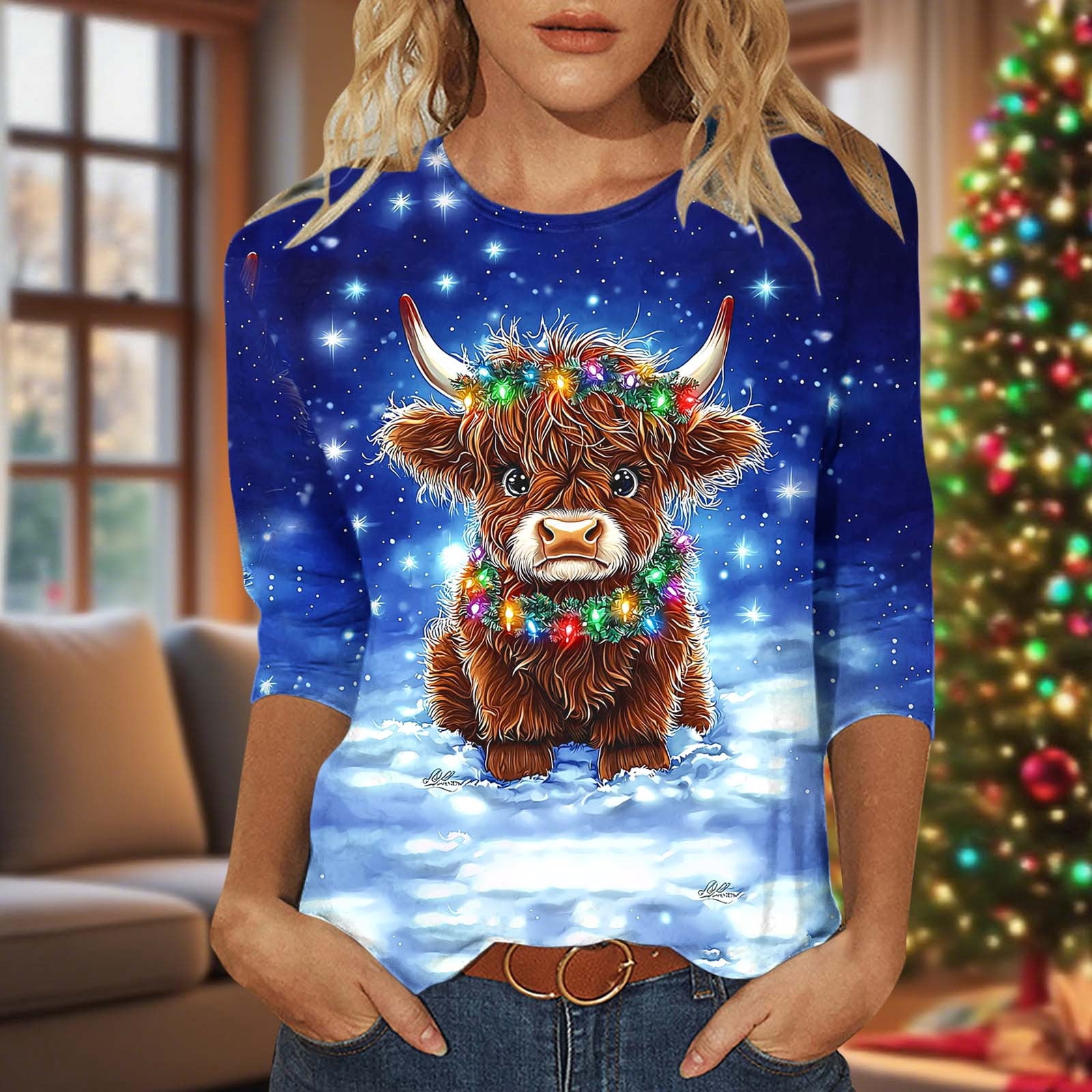 Craaazy Women's Casual Christmas Tops Round Neck 3/4 Sleeve Xmas T ...