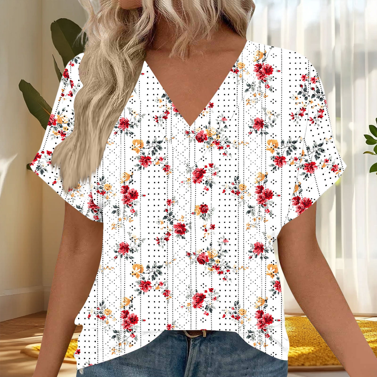 Craaazy Women's Casual Prints Loose Breathable V Neck Short Sleeve Cozy ...