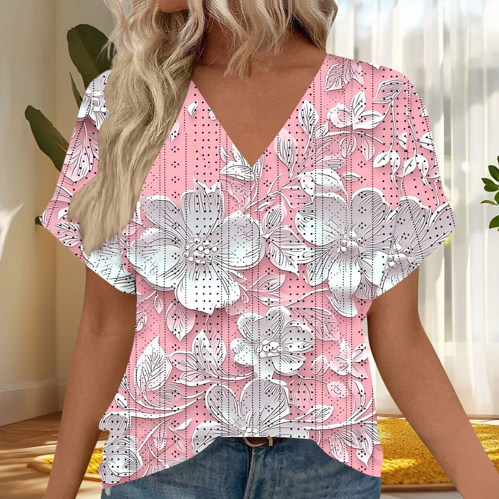 Craaazy Women's Casual Prints Loose Breathable V Neck Short Sleeve Cozy ...