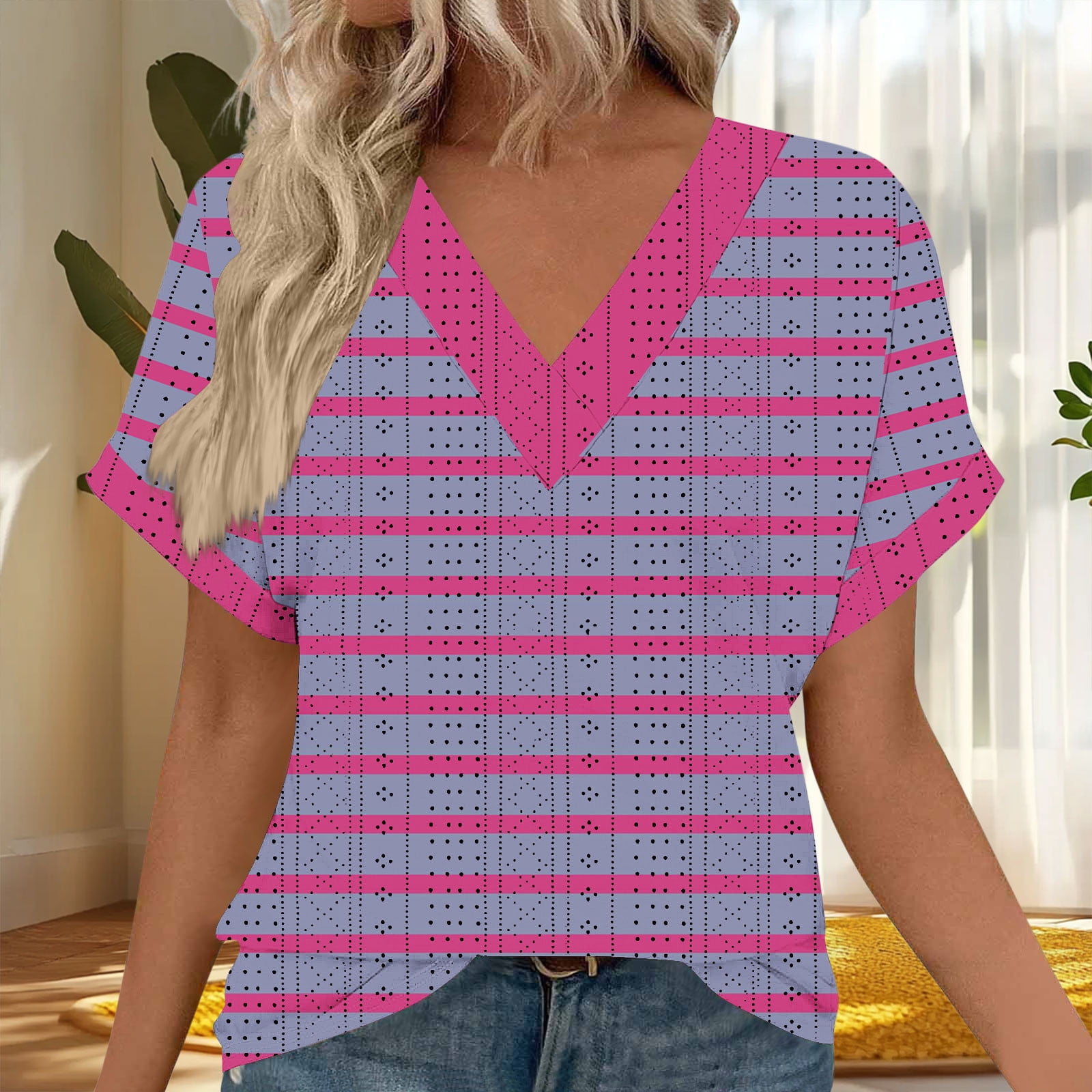 Craaazy Women's Casual Prints Loose Breathable V Neck Short Sleeve Cozy ...