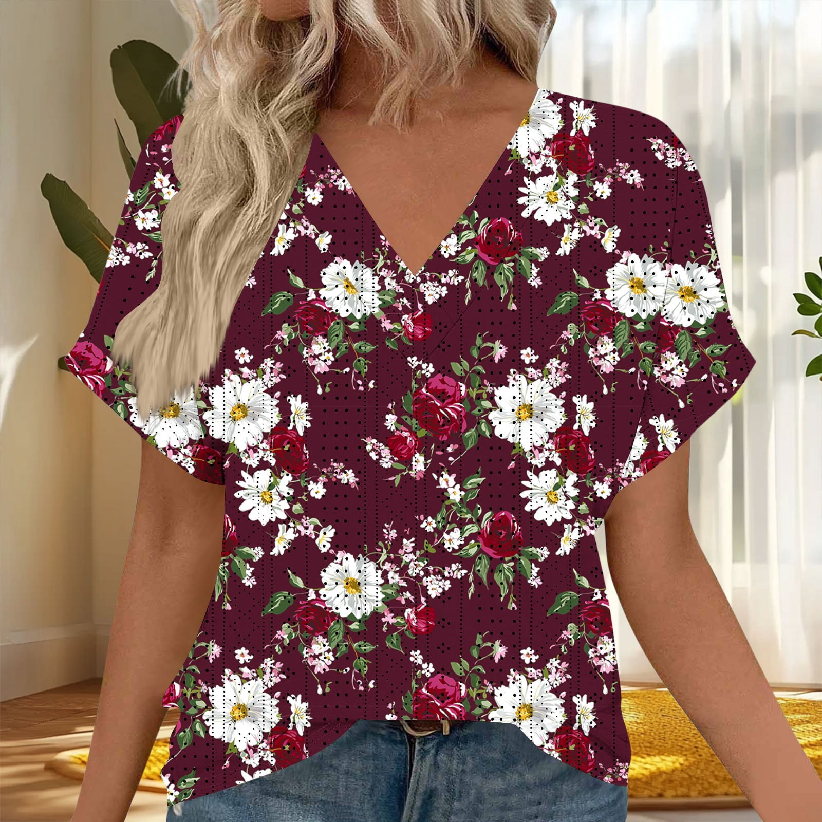 Craaazy Women's Casual Prints Loose Breathable V Neck Short Sleeve Cozy ...