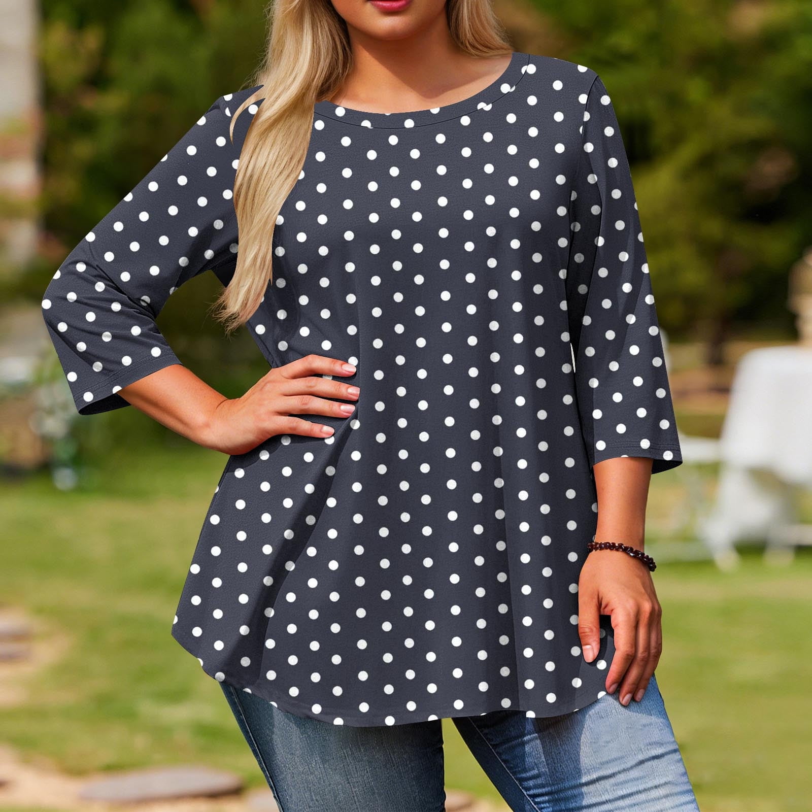 Craaazy Women's Casual Prints Plus Size Round Neck 3/4 Sleeve Loose ...