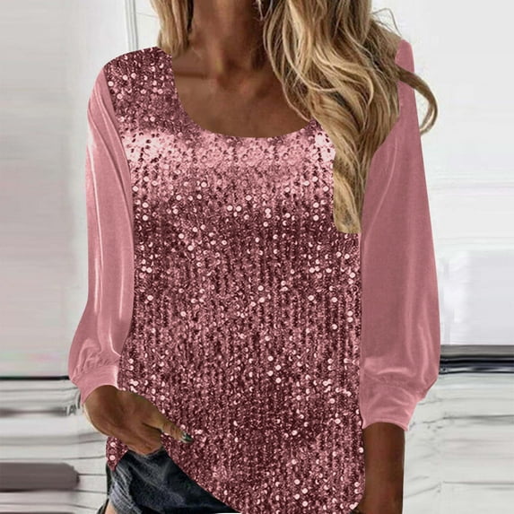 Craaazy Women's Casual U-Neck Long Sleeve Sparkle Pullover Top, Loose ...