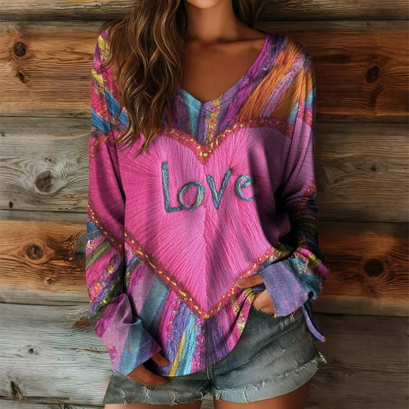 Craaazy Women's Casual V Neck Long Sleeve Plus Size Valentines Cute ...
