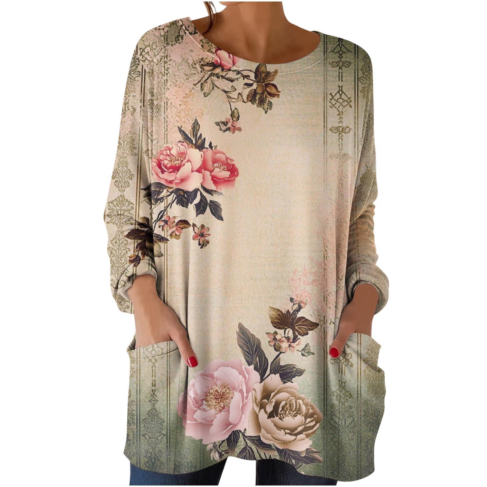 Craaazy Women's Casual Vintage Floral Graphic Loose Crewneck Oversized ...