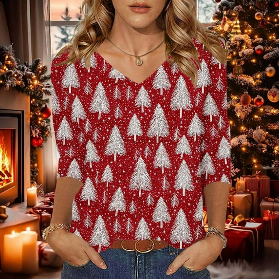 Craaazy Women's Christmas Clothes Casual V-Neck 3/4 Sleeve Xmas Tops ...