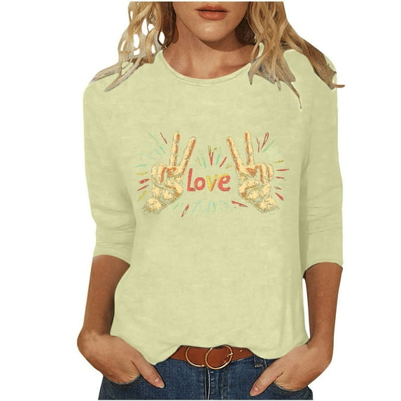 Craaazy Women's Cute Love Heart Graphic Holiday Round Neck 3/4 Sleeve T ...