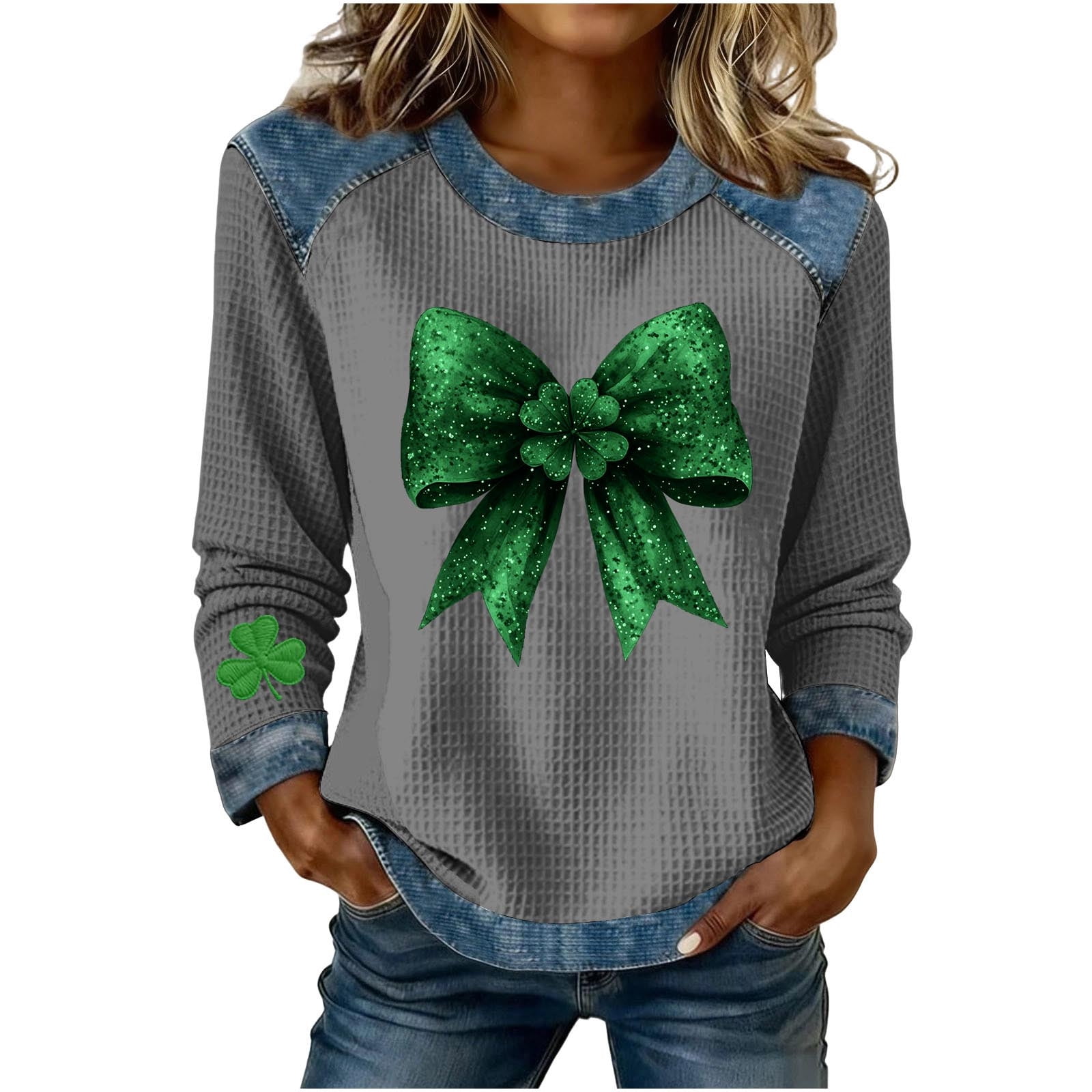 Craaazy Women's Denim Crewneck Loose St Patricks Day Long Sleeve Tops ...
