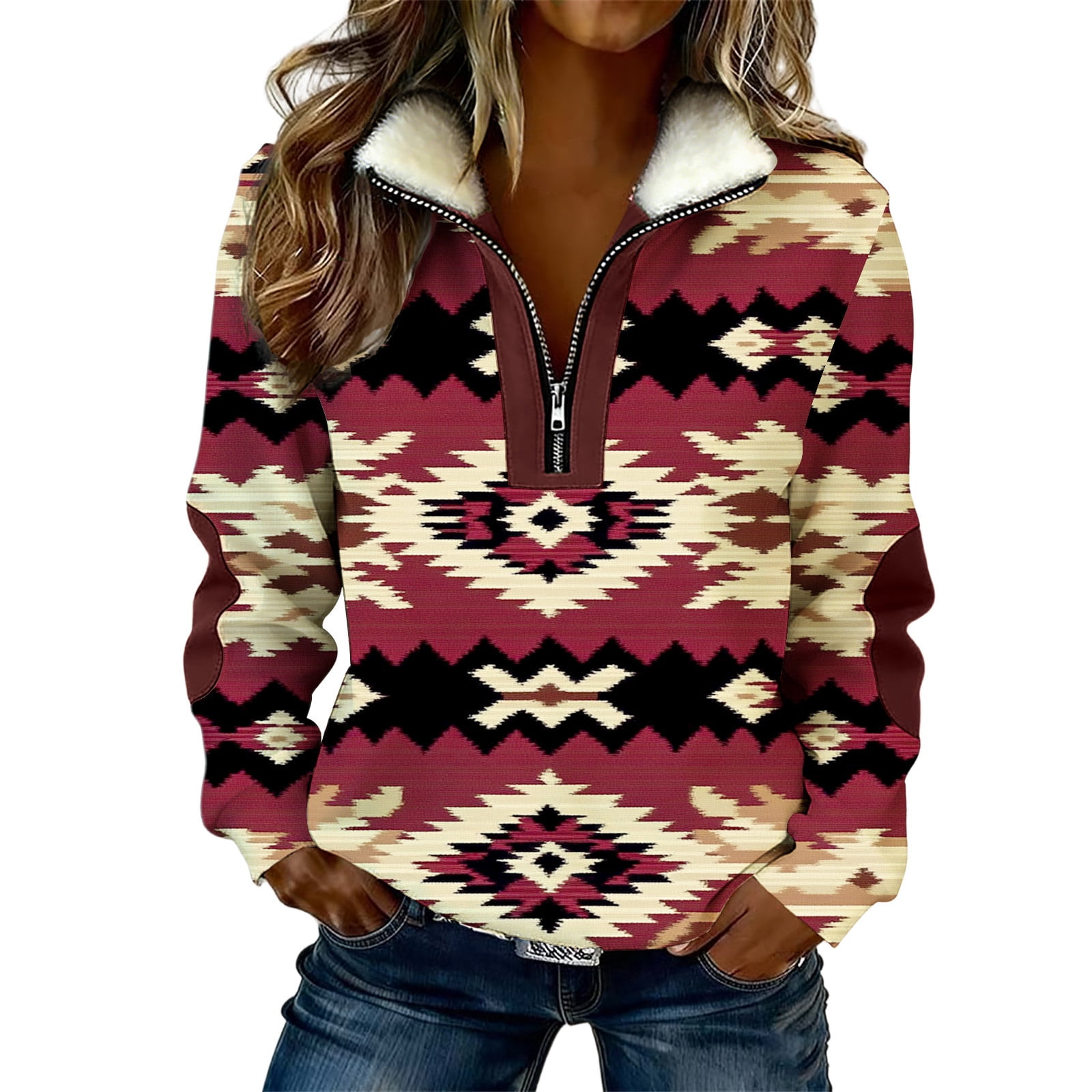 Craaazy Women's Dressy Casual Half Zipper Warm Fuzzy Turn-Down Collar ...