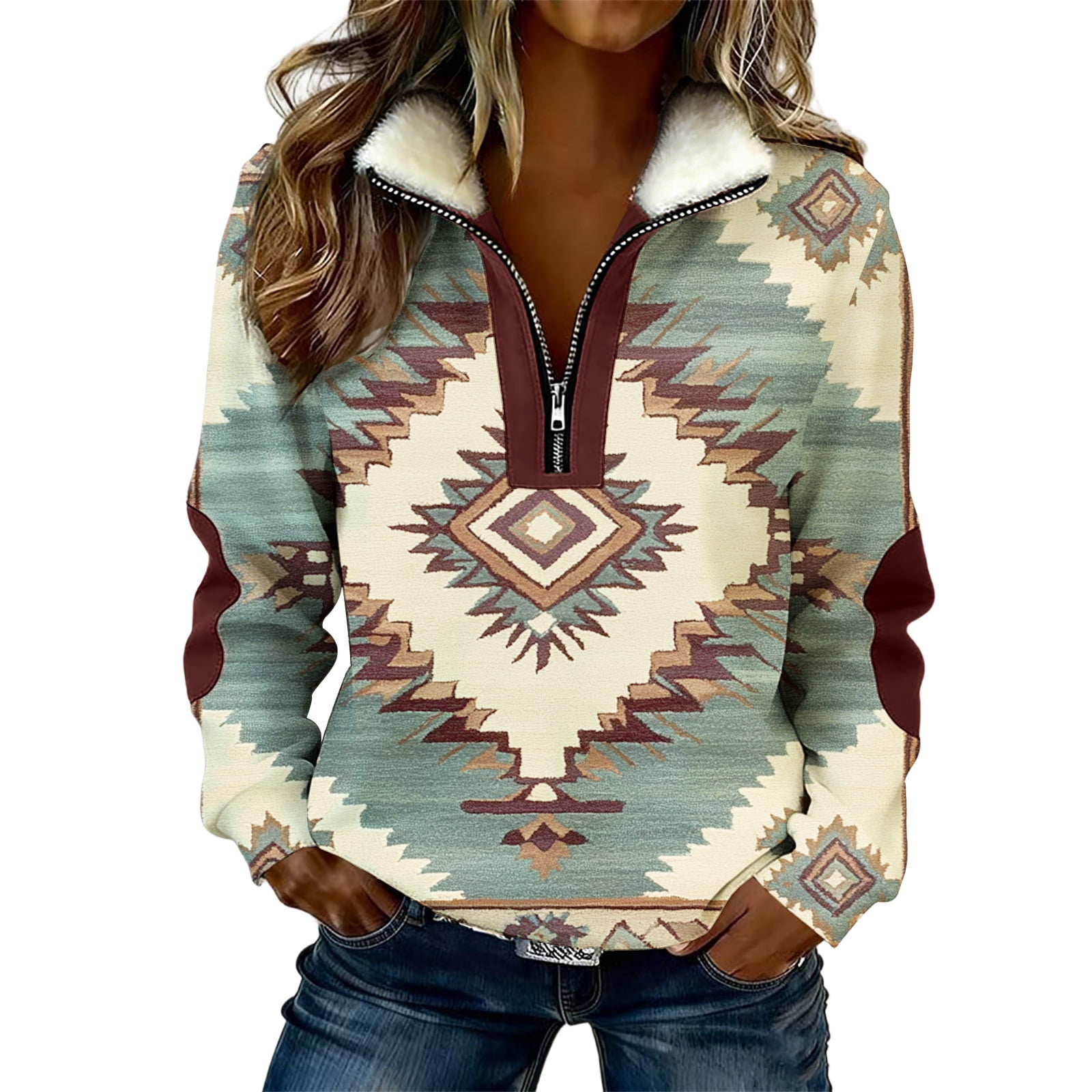 Craaazy Women's Dressy Half Zipper Warm Fuzzy Lapel Collar Casual Long ...