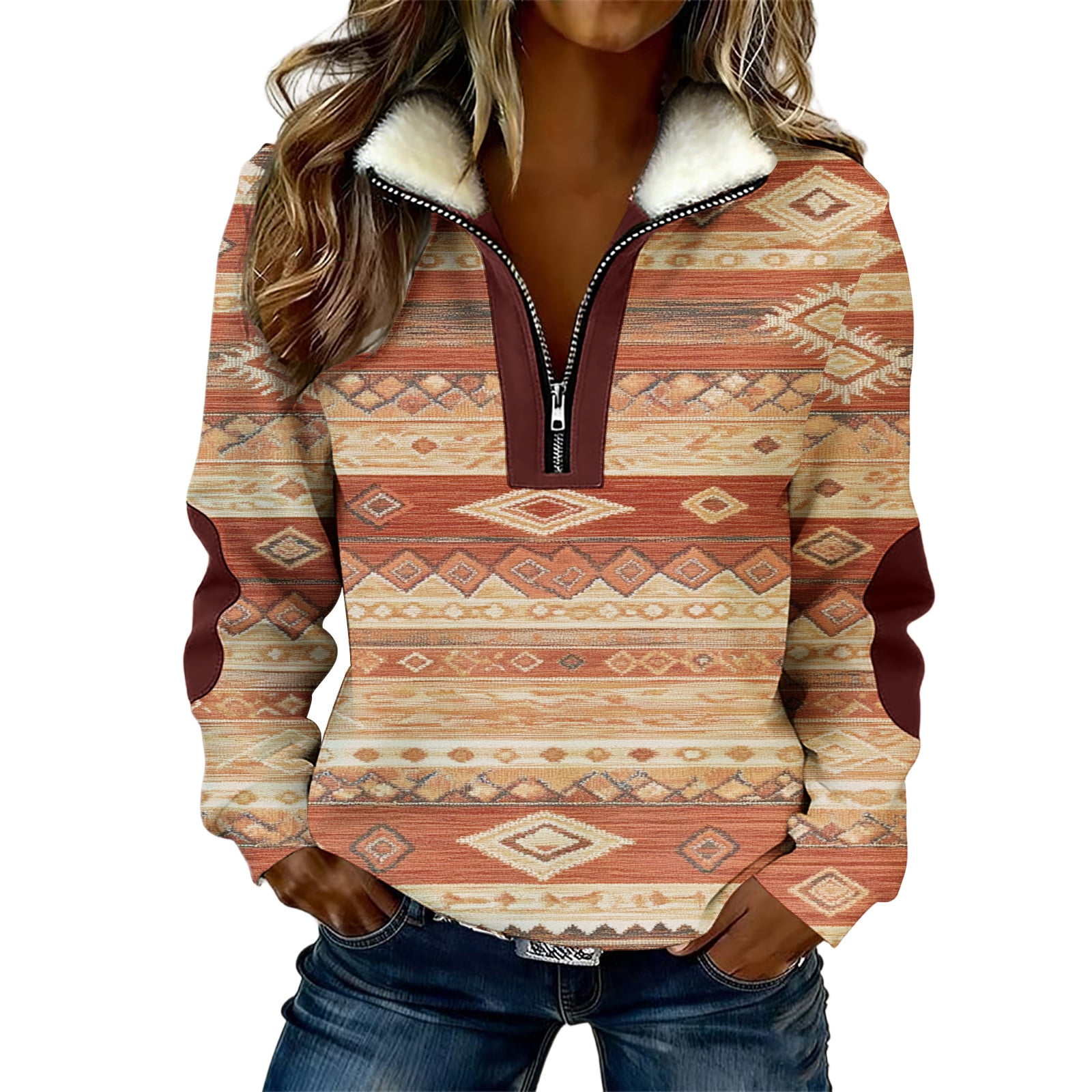 Craaazy Women's Dressy Half Zipper Warm Fuzzy Lapel Collar Retro Color ...