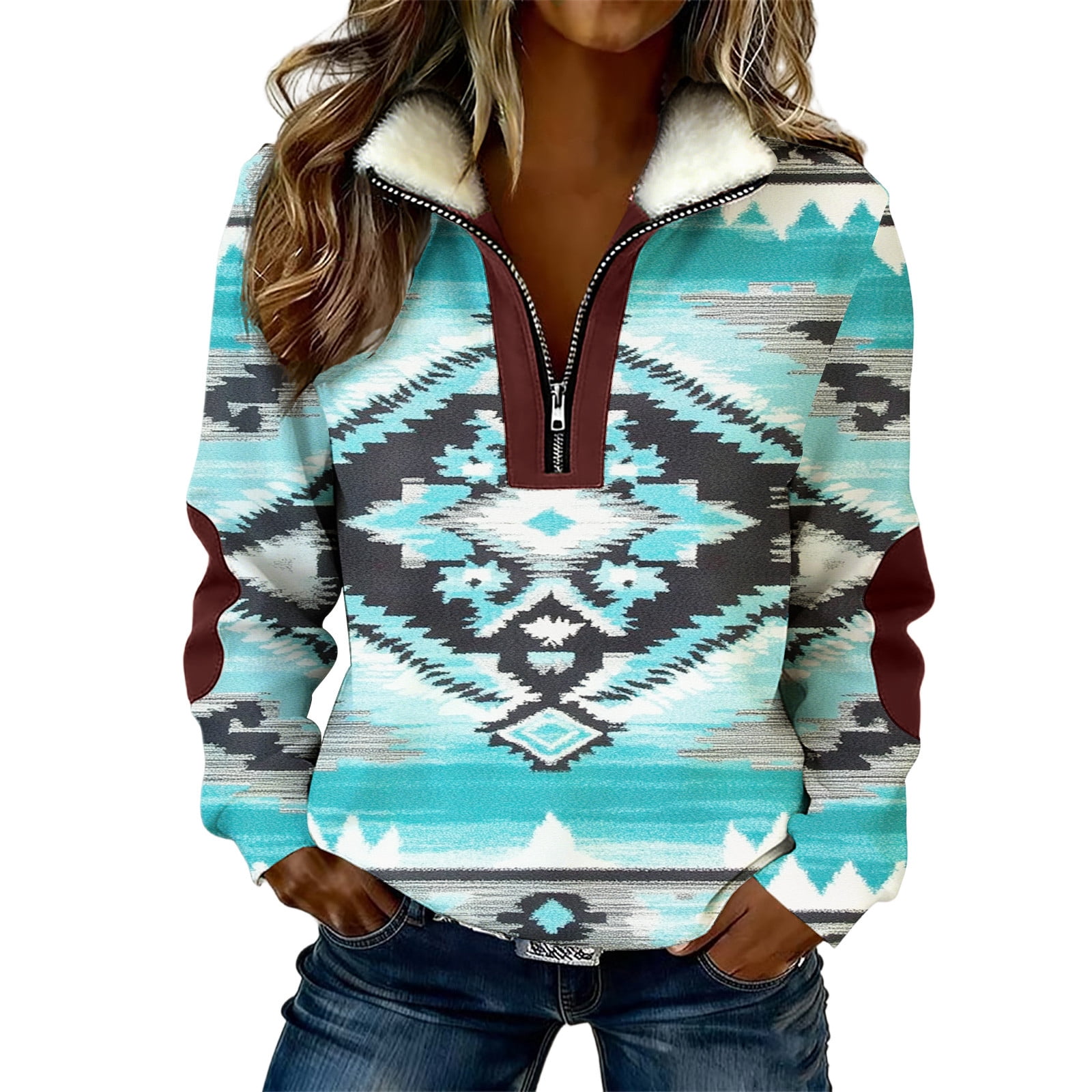 Craaazy Women's Dressy Half Zipper Warm Fuzzy Lapel Collar Retro Color ...