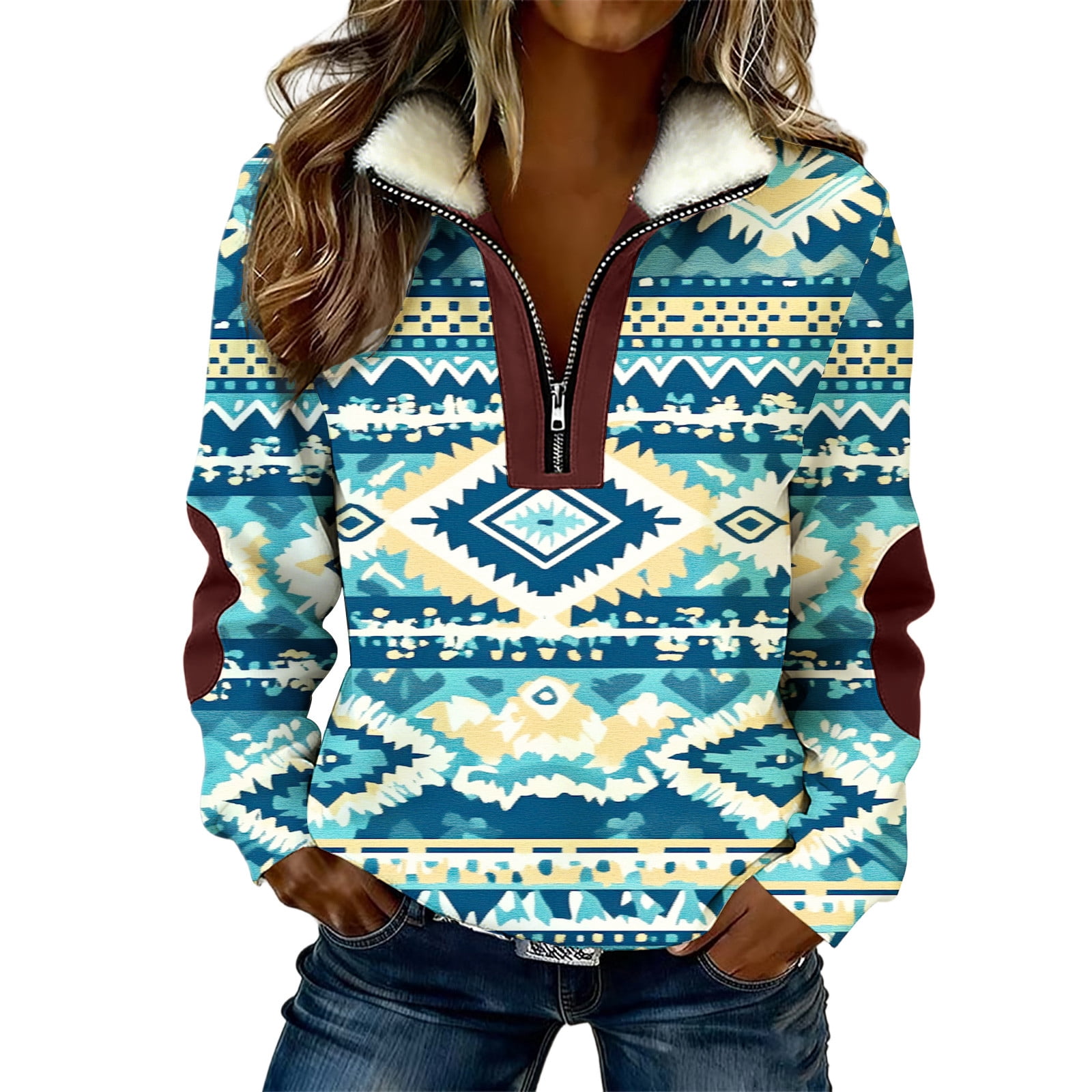 Craaazy Women's Dressy Half Zipper Warm Fuzzy Lapel Collar Retro Color ...