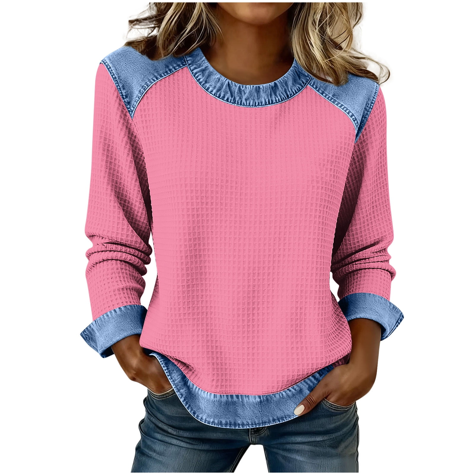 Craaazy Women's Fashion Casual Round Neck Solid Color Denim Patchwork ...