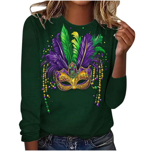 Craaazy Women's Fashion Crew Neck Long-Sleeve Mardi Gras Print Casual ...
