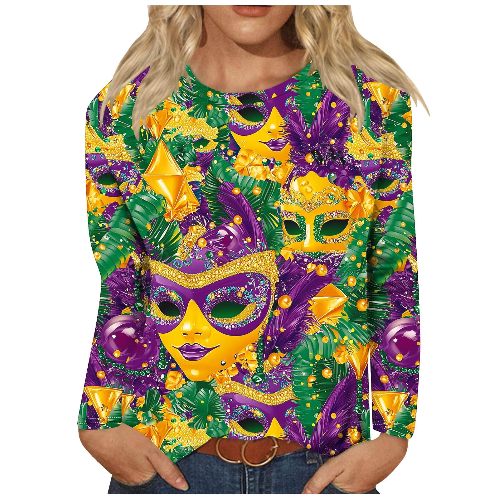 Craaazy Women's Fashion Crew Neck Long-Sleeve Mardi Gras Print Casual ...