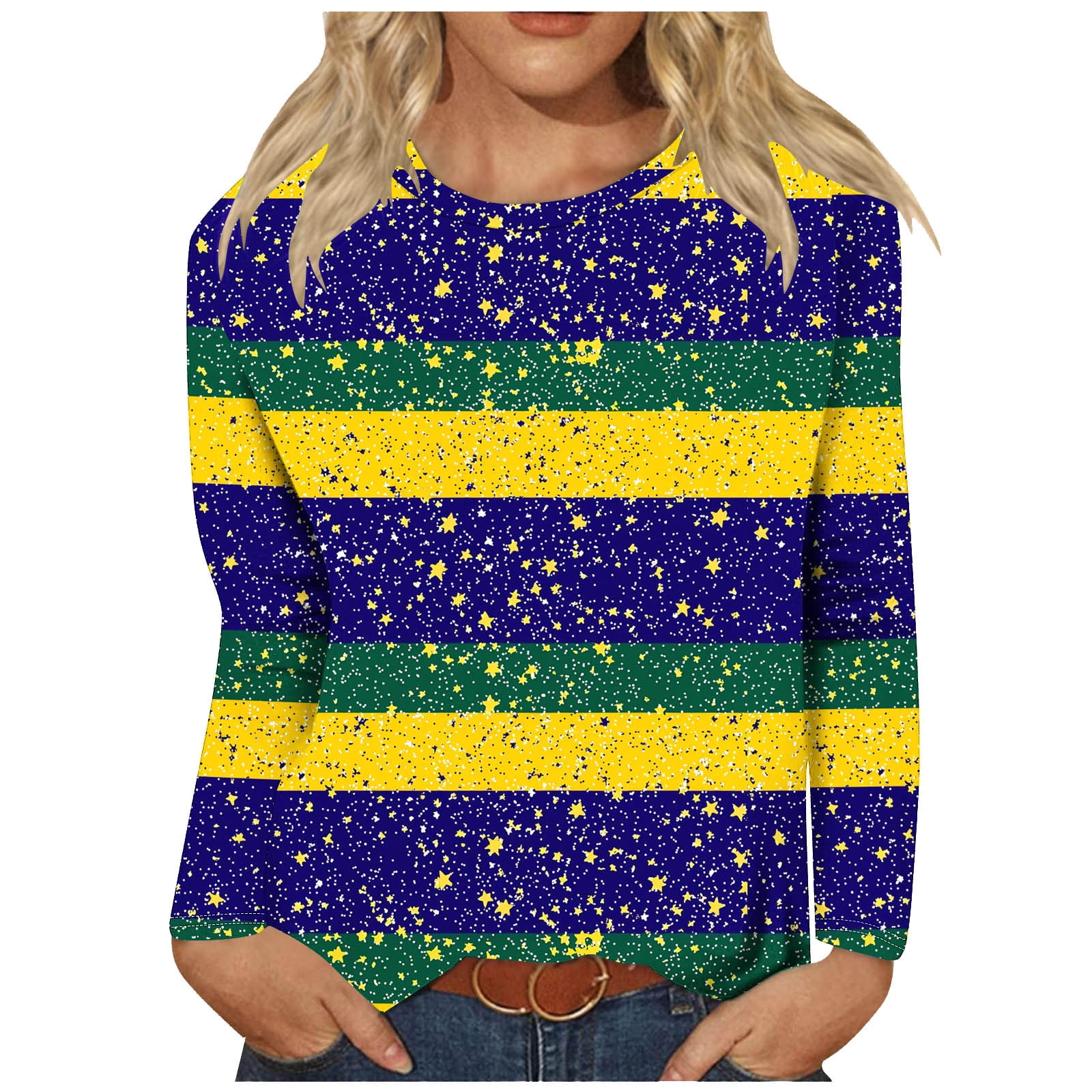 Craaazy Women's Fashion Crew Neck Long-Sleeve Mardi Gras Print Casual ...