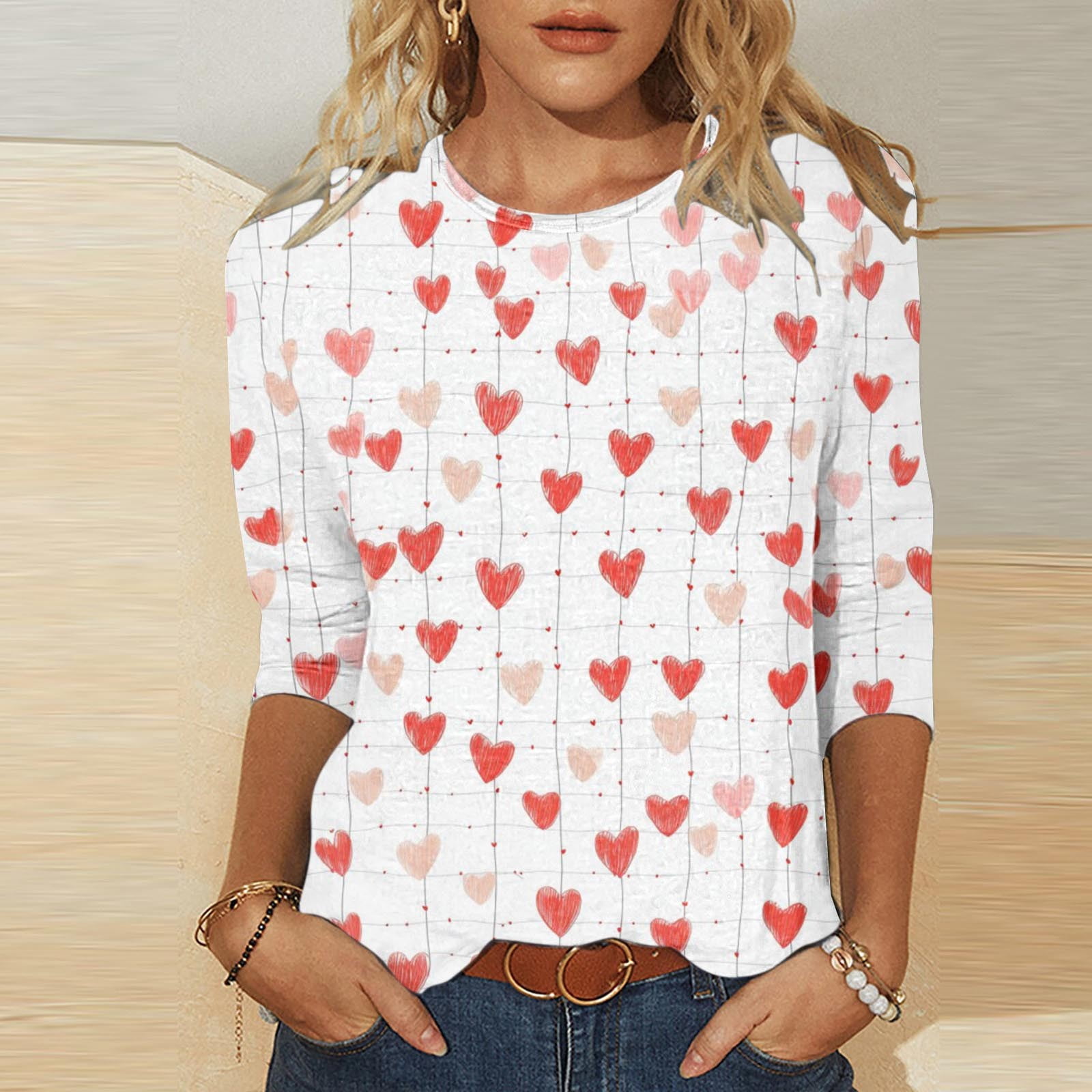 Craaazy Women's Fashion Heart Printed Tops 3/4 Sleeve Blouse Round Neck ...