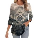 Craaazy Women's Fashion Printed 3/4 Sleeve Round Neck Loose Pleated ...