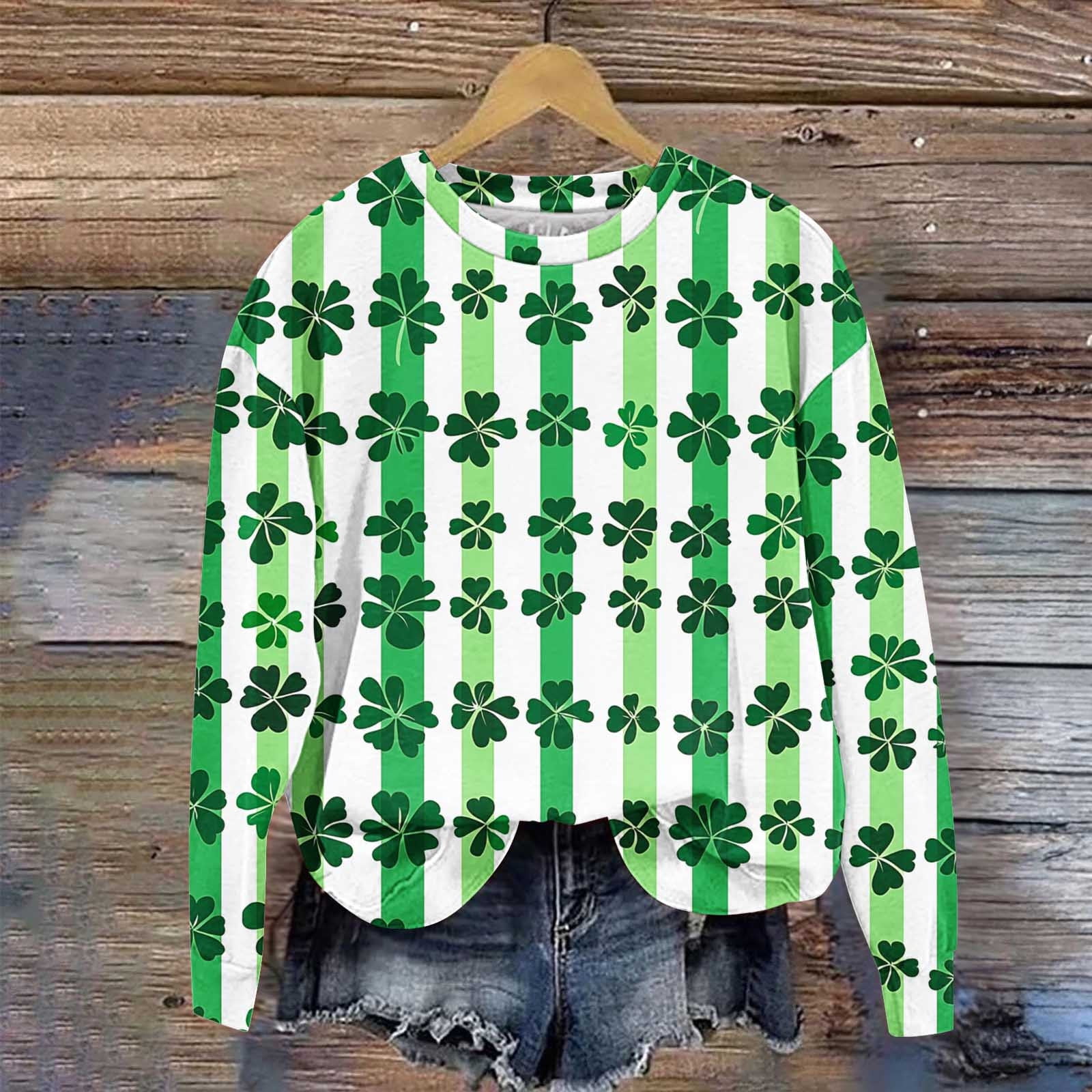 Craaazy Women's Green Shamrock Printed Long Sleeved Round Neck Cozy and ...